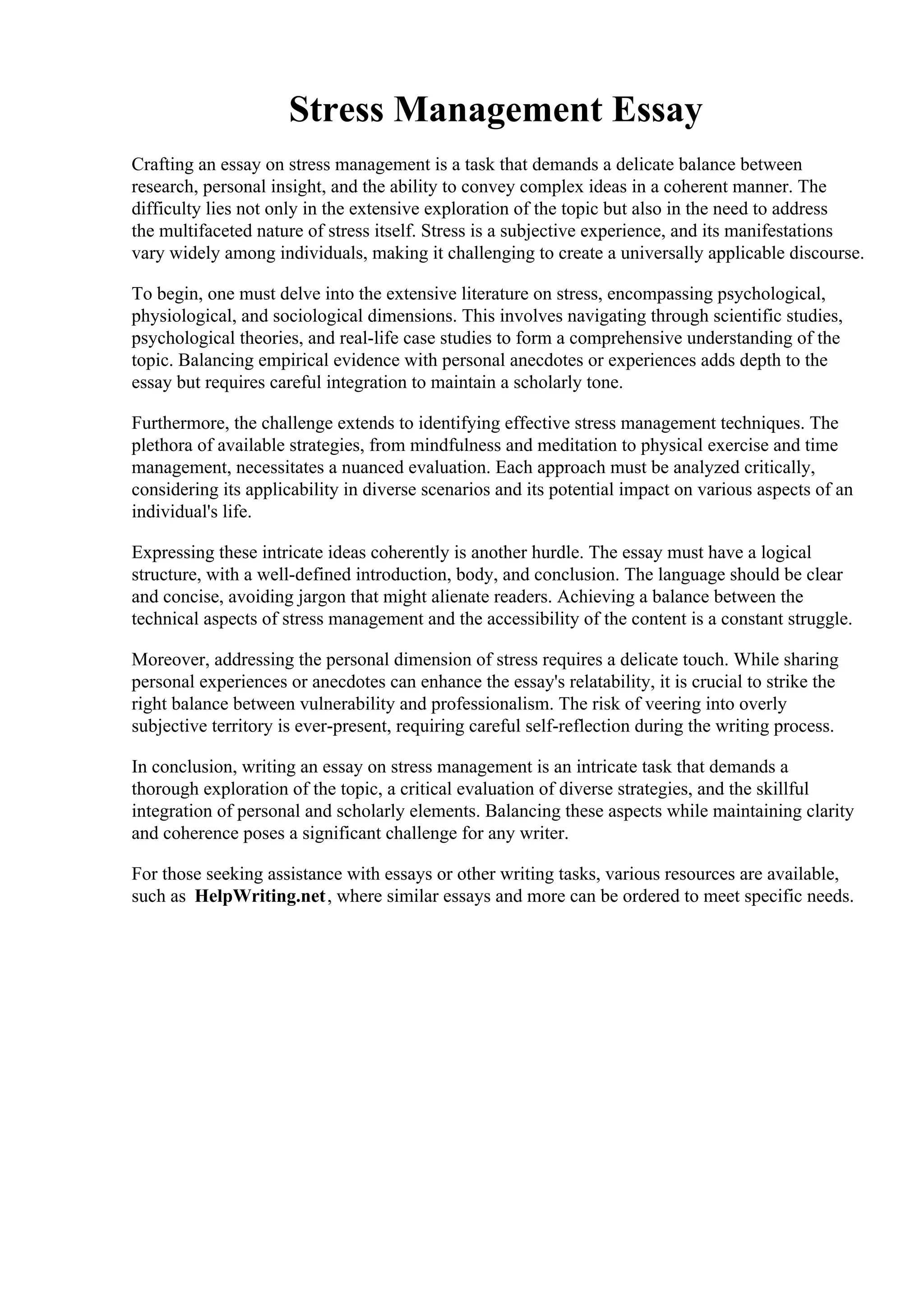 Stress Management Essay | PDF