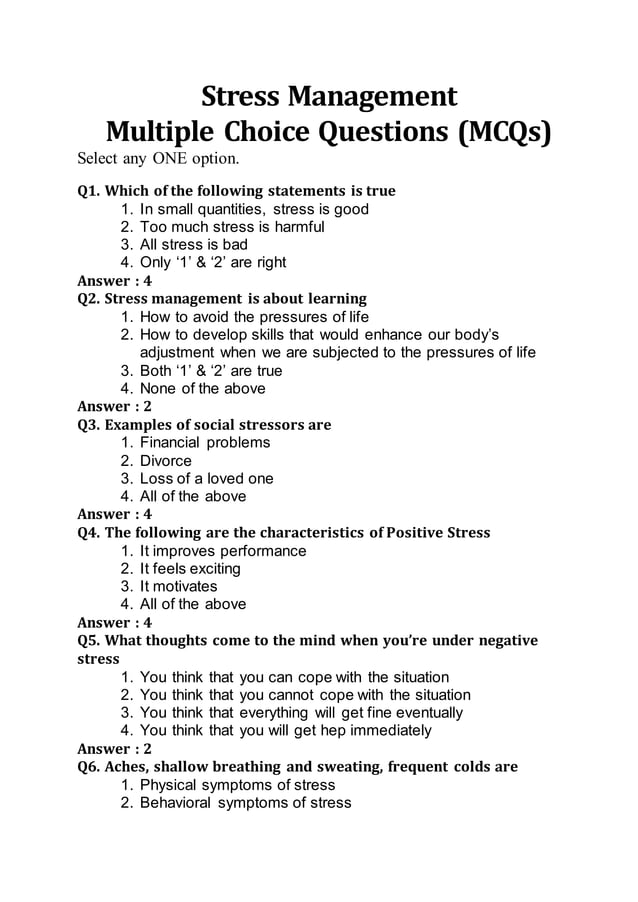 Stress Management mcqs | DOCX | Mental Health | Diseases and Conditions
