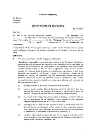 Confidential Information and Existence of the Transaction Sample ...