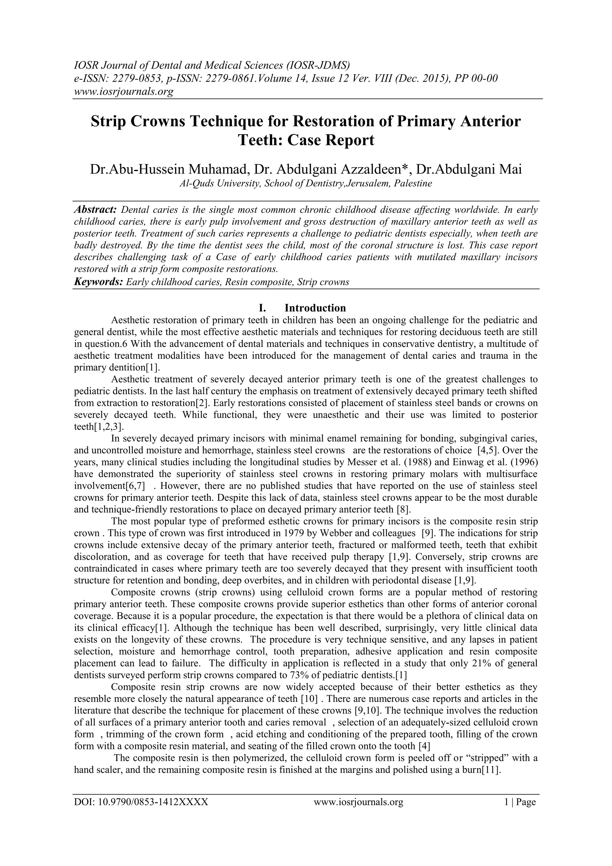 Strip Crowns Technique for Restoration of Primary Anterior Teeth: Case ...