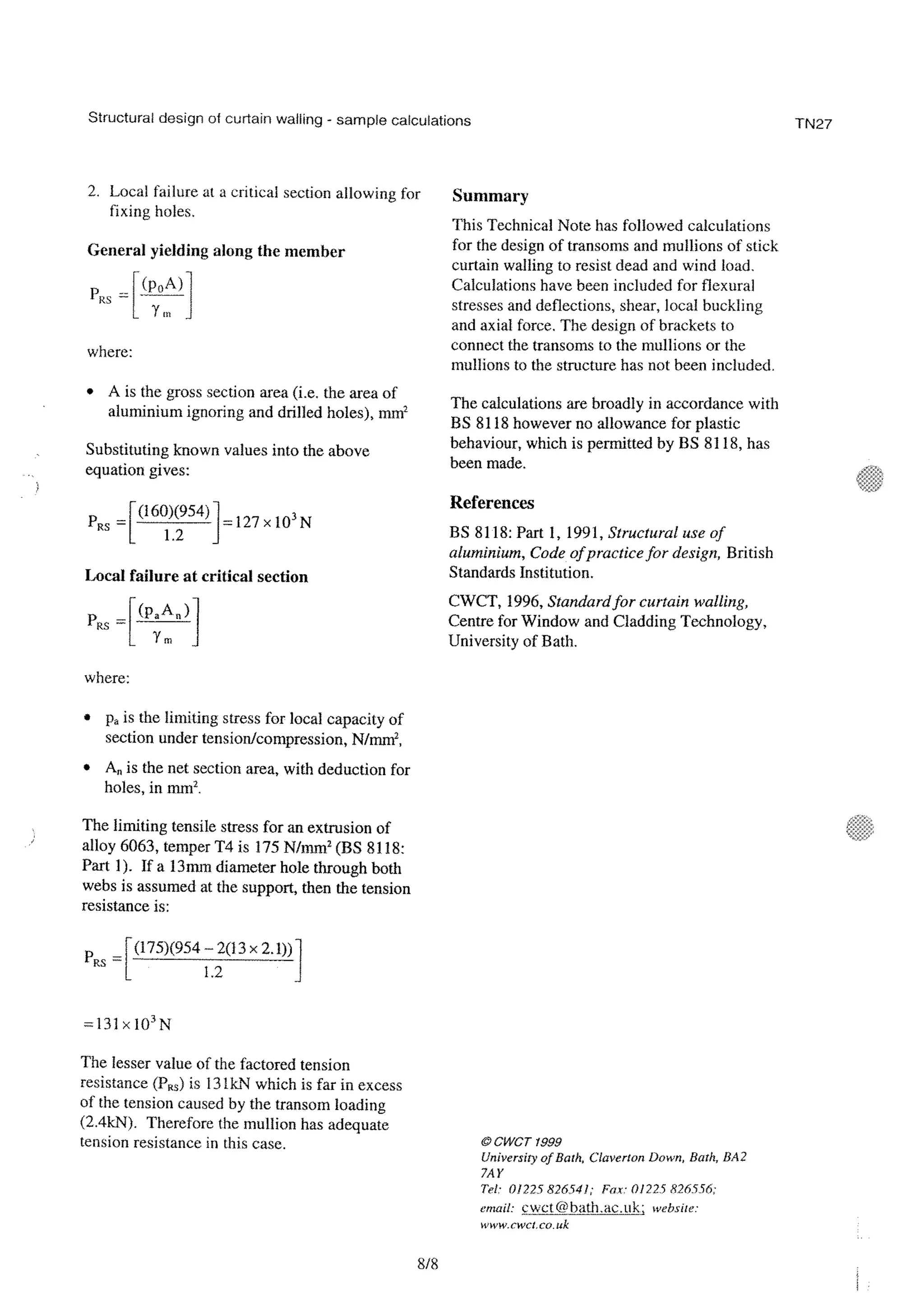 Structural design of stick curtain walling sample calculations | PDF