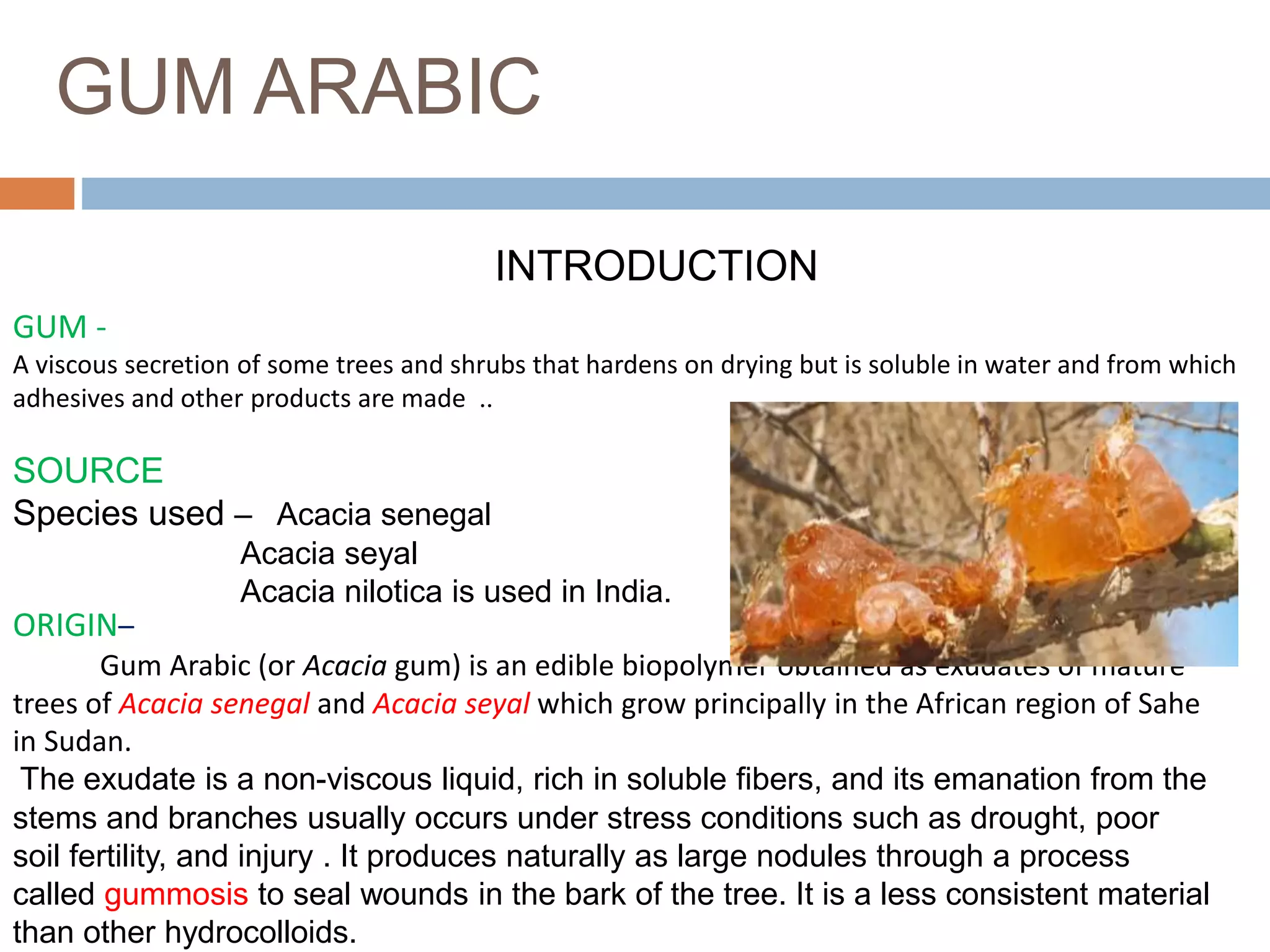 GUM ARABIC, GUM GHATTI, GUM TRAGACANTH | PPTX