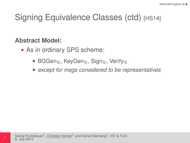 Structure Preserving Signatures On Equivalence Classes Ppt
