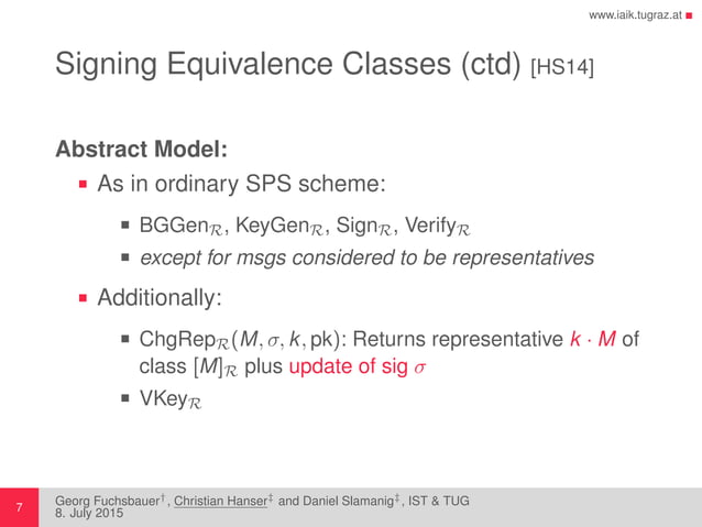 Structure Preserving Signatures On Equivalence Classes Ppt