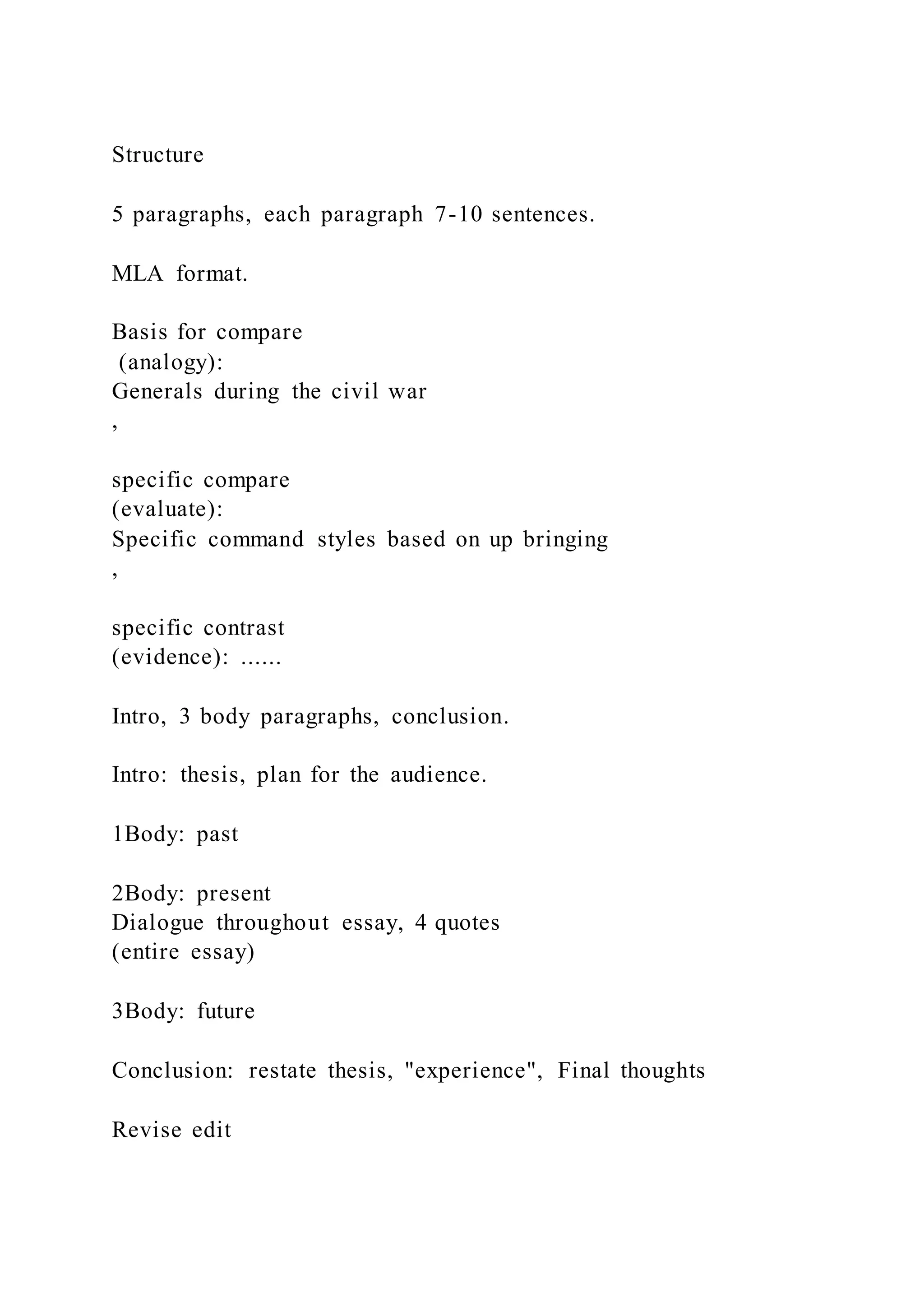 Structure5 paragraphs, each paragraph 7-10 sentences.MLA for | DOCX