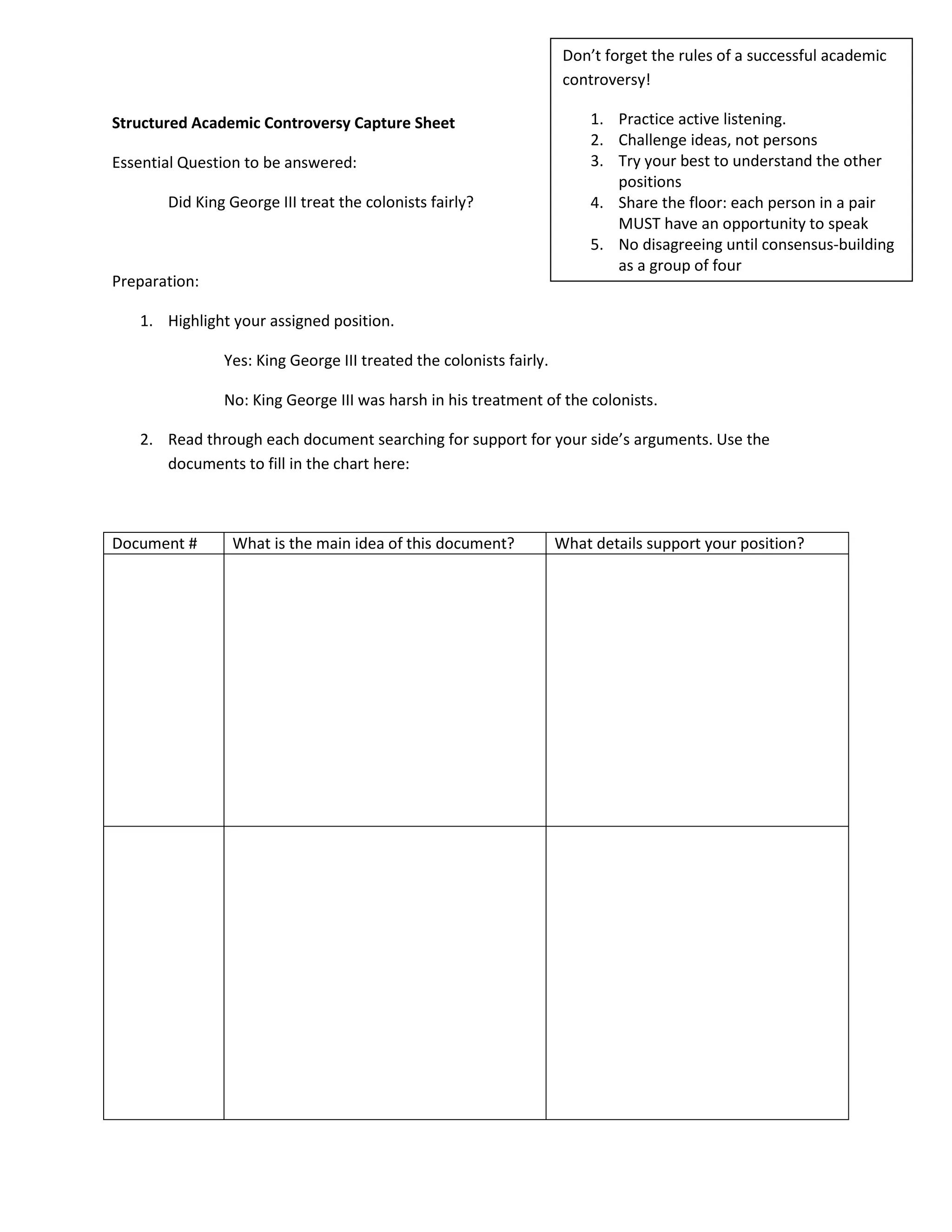 Structured academic controversy capture sheet king george | DOCX