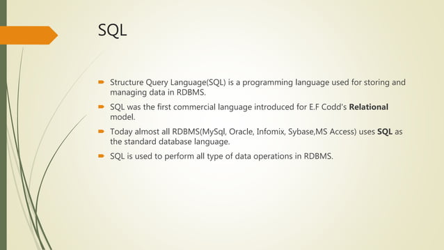 Structured query language | PPTX | Databases | Computer Software and Applications