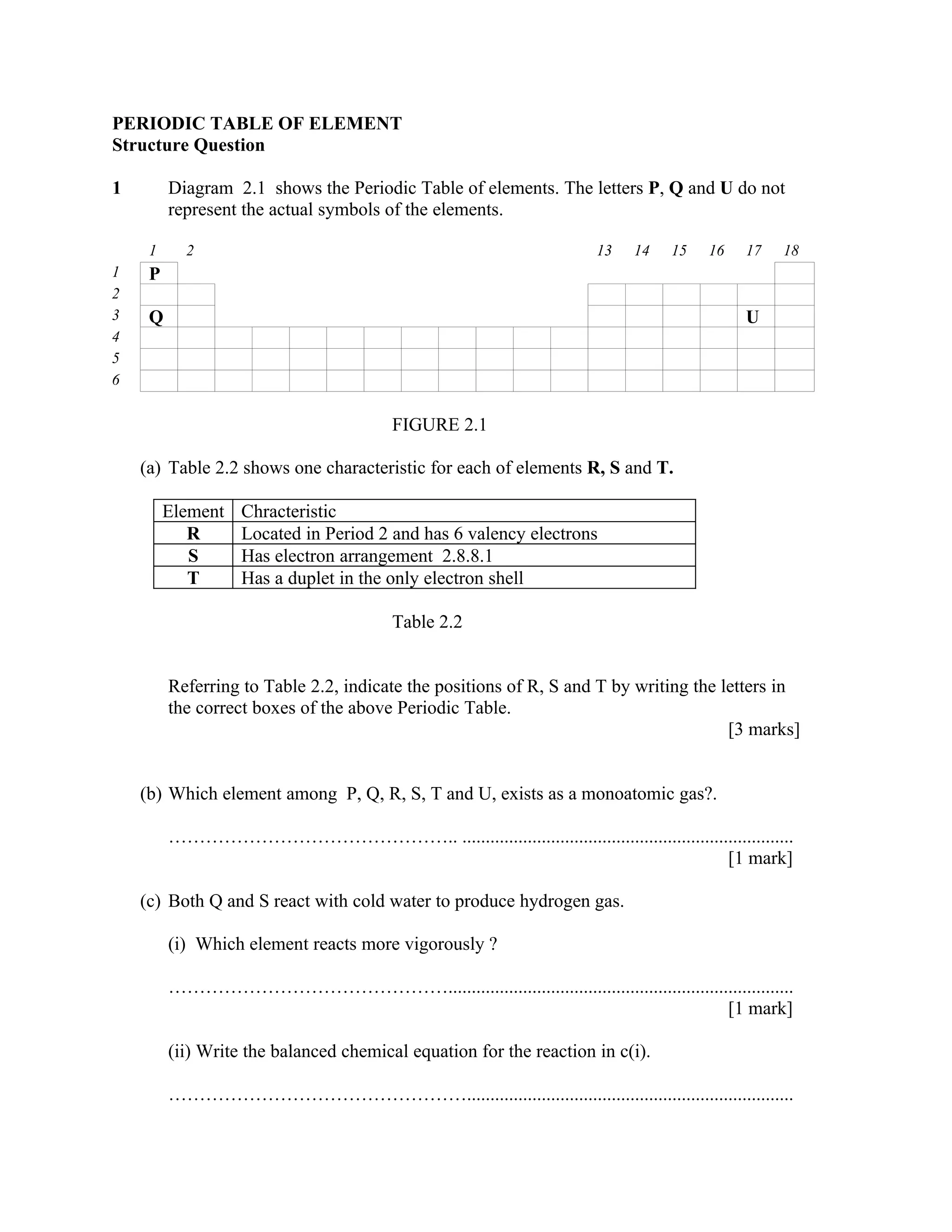 Structure & essay Questions (periodic table of element) | DOC