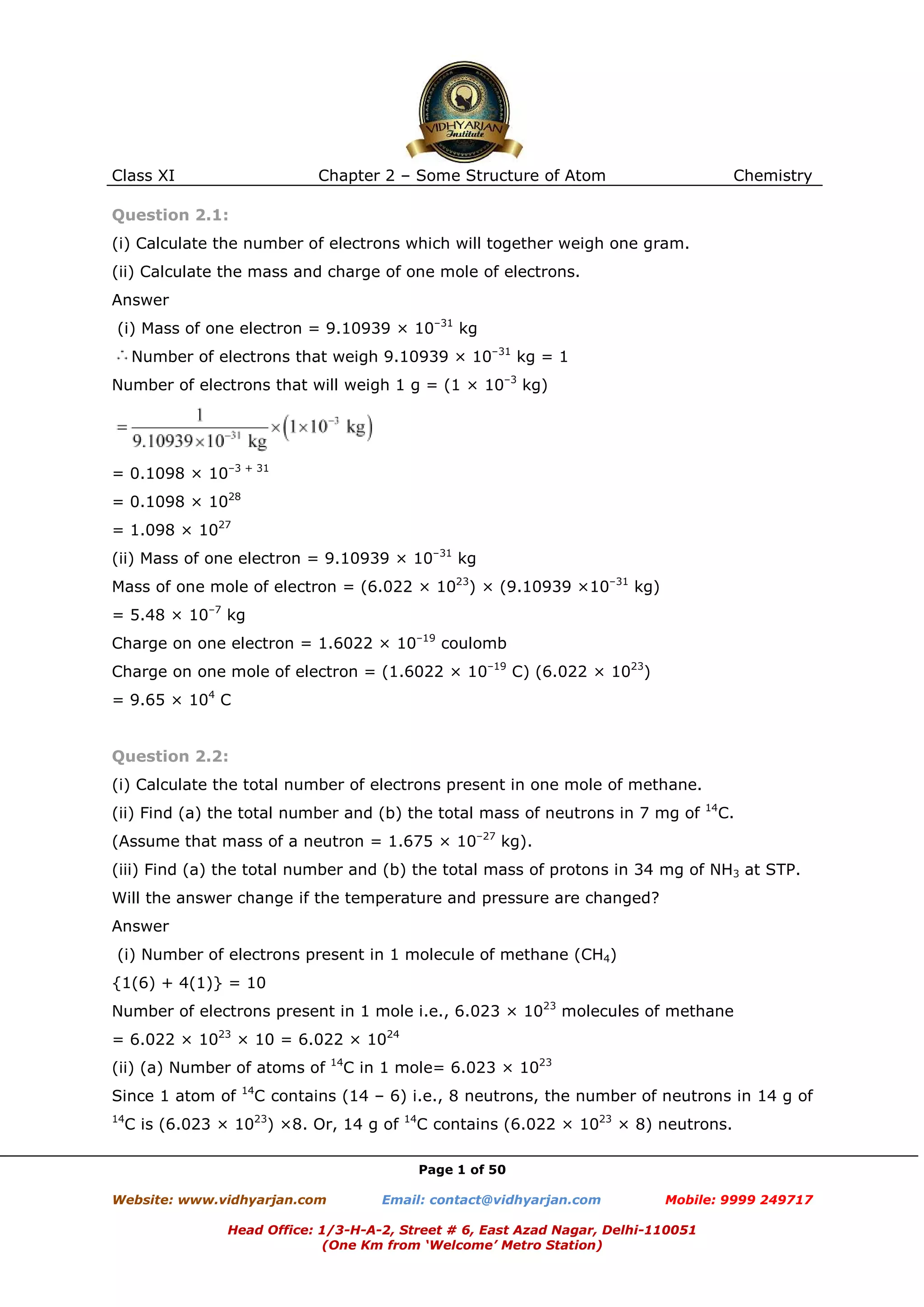 Structure of atom exercise -with solutions | PDF