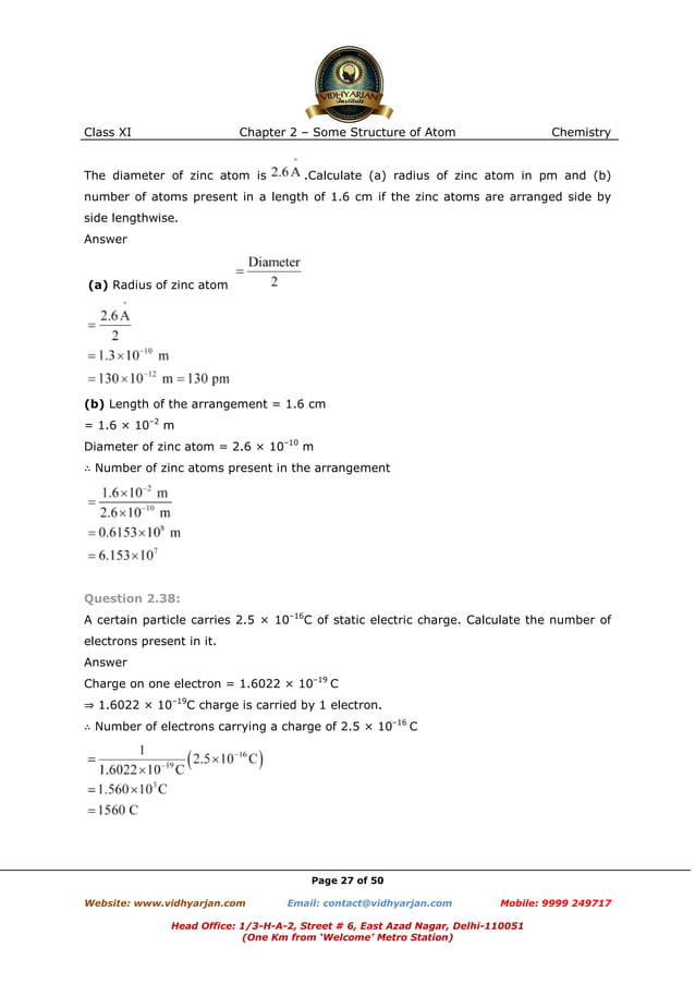 Structure of atom exercise -with solutions | PDF