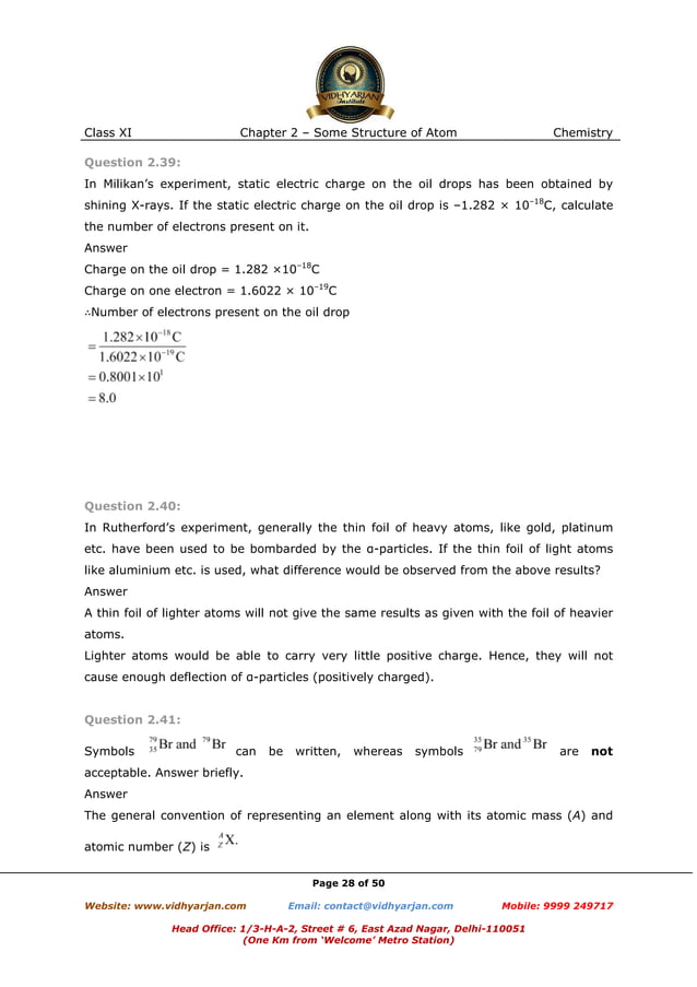 Structure of atom exercise -with solutions | PDF