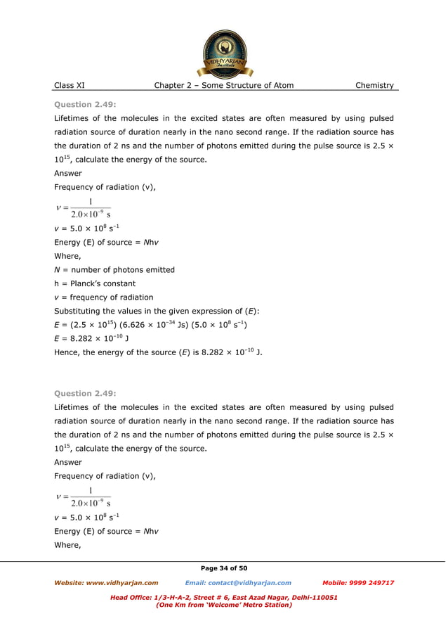 Structure of atom exercise -with solutions | PDF