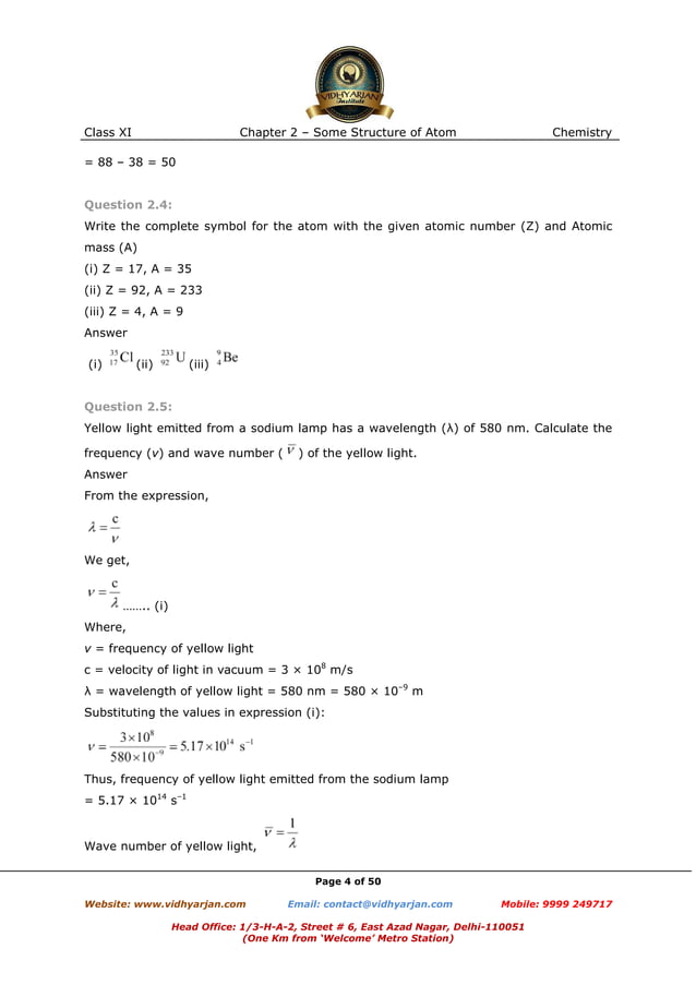 Structure of atom exercise -with solutions | PDF