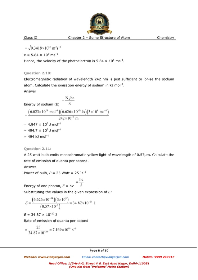 Structure of atom exercise -with solutions | PDF