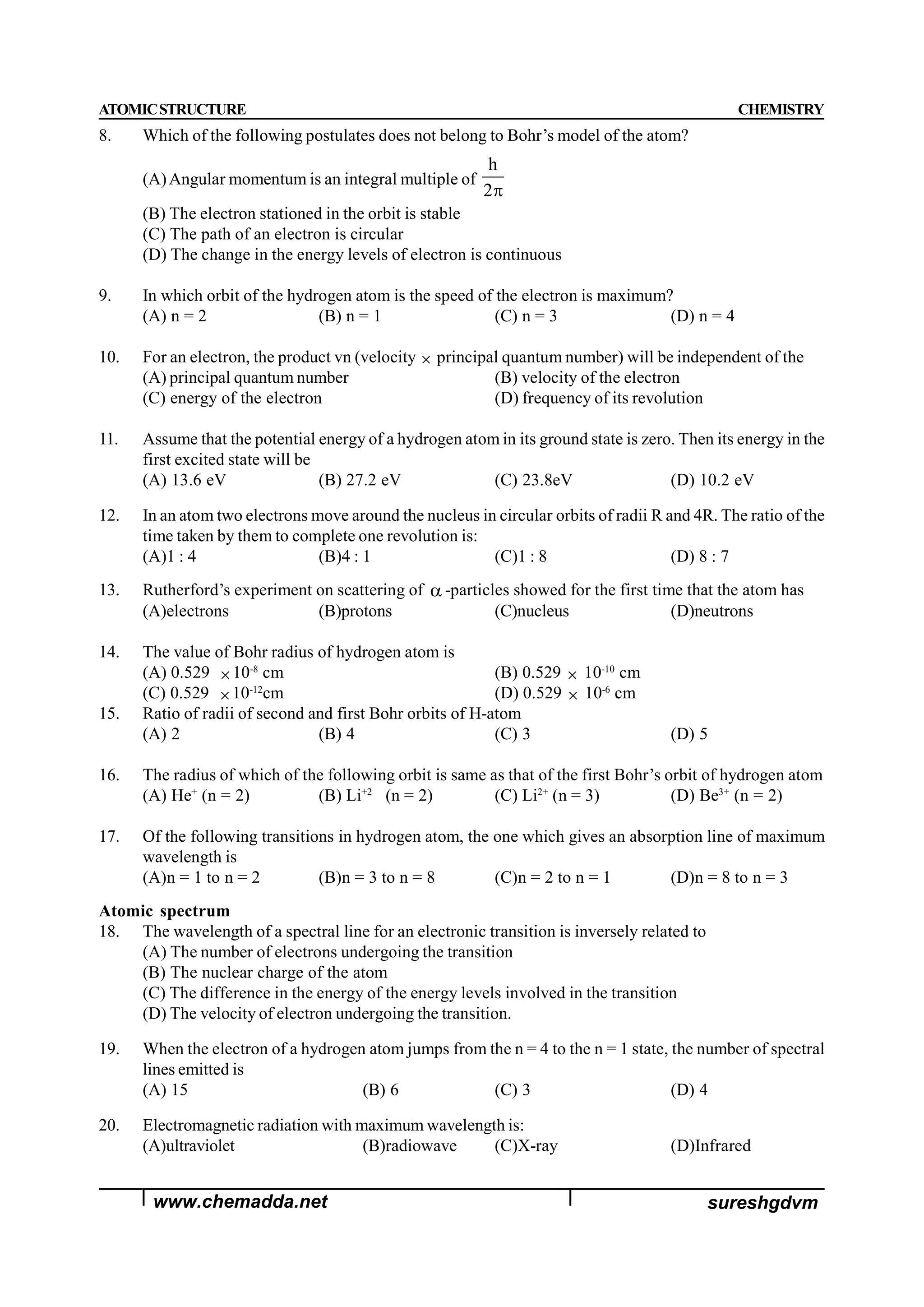 Structure of atom Practice Exercise | PDF