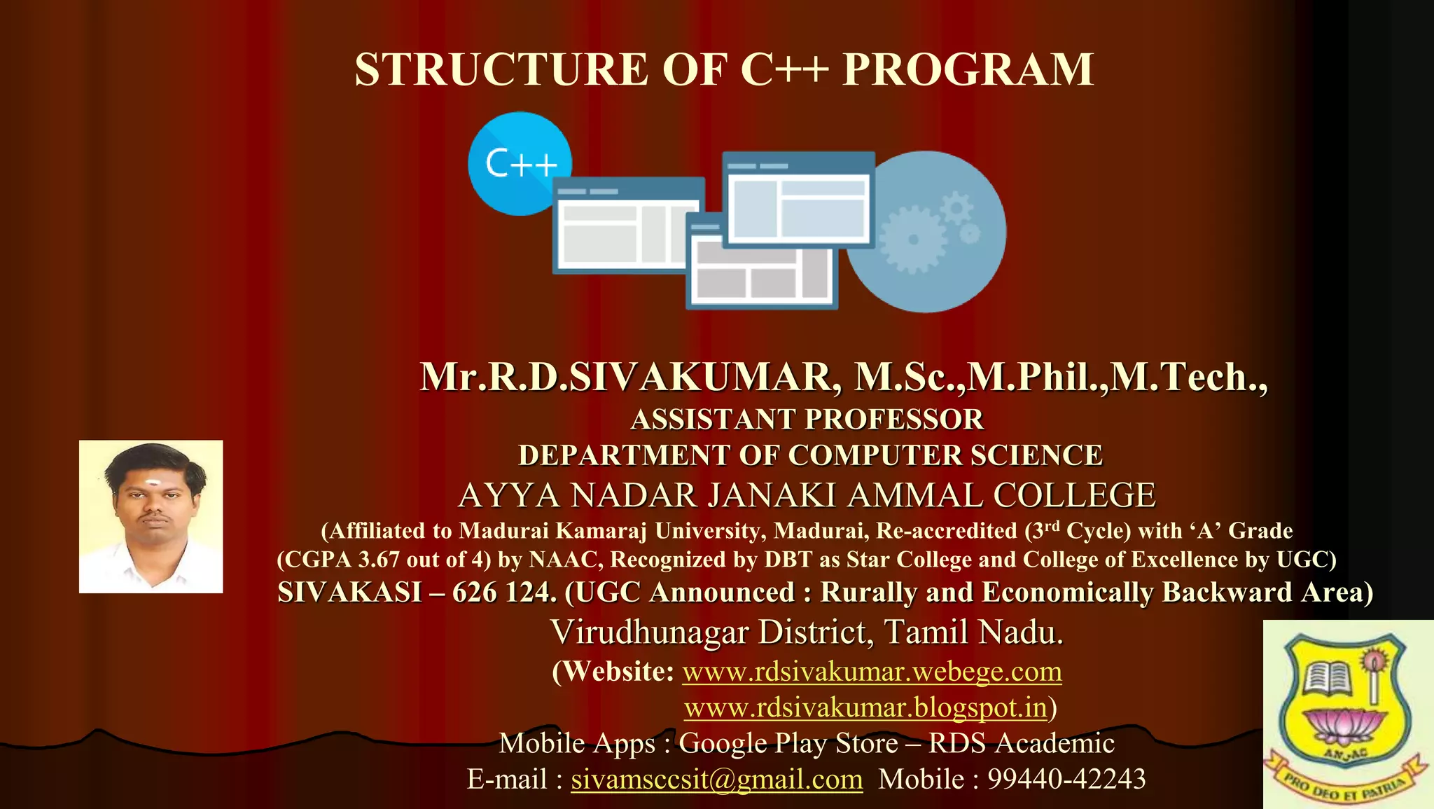 Structure of C++ - R.D.Sivakumar | PPT | Programming Languages | Computing