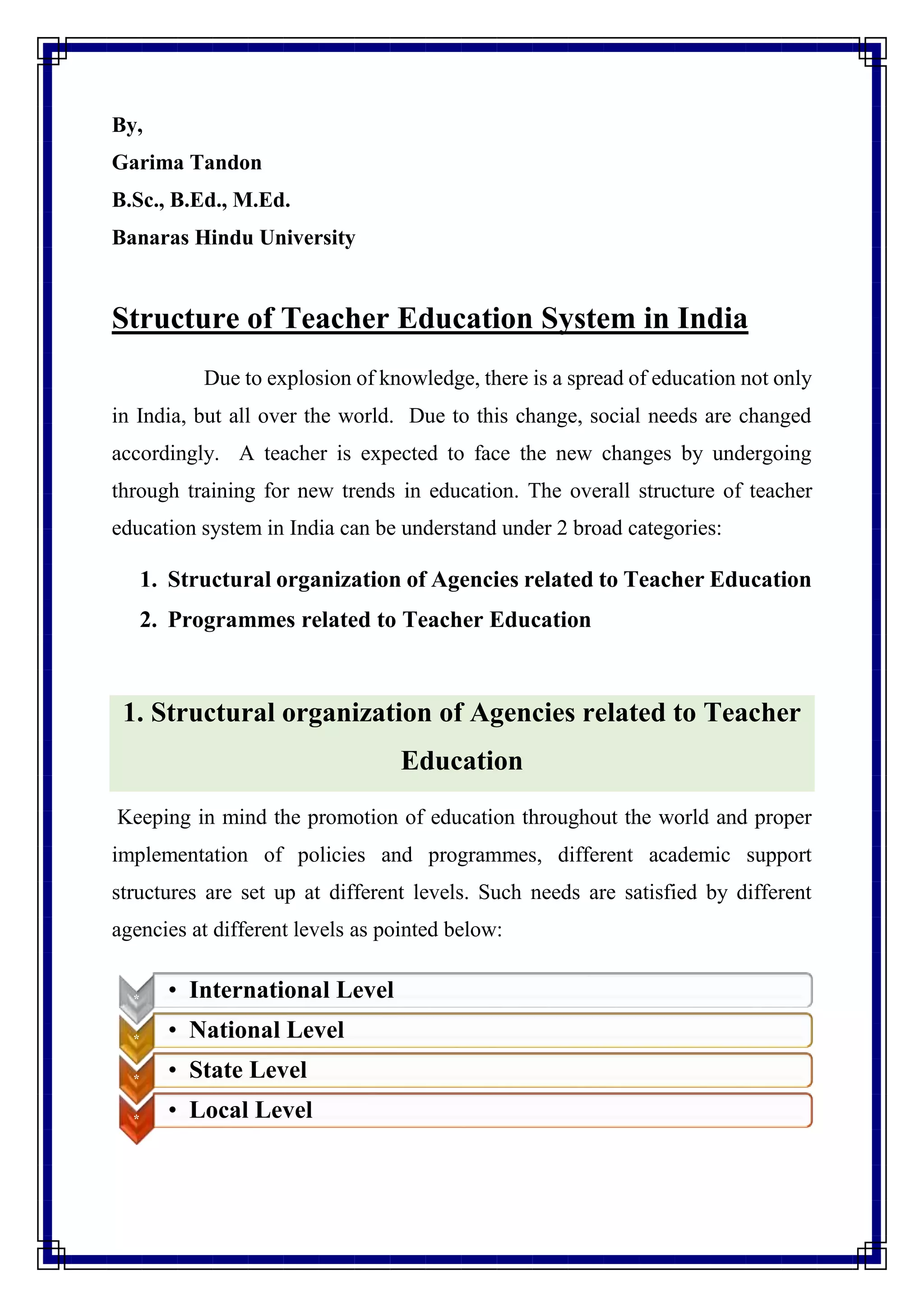 Structure of Teacher Education System in India by Garima Tandon | PDF