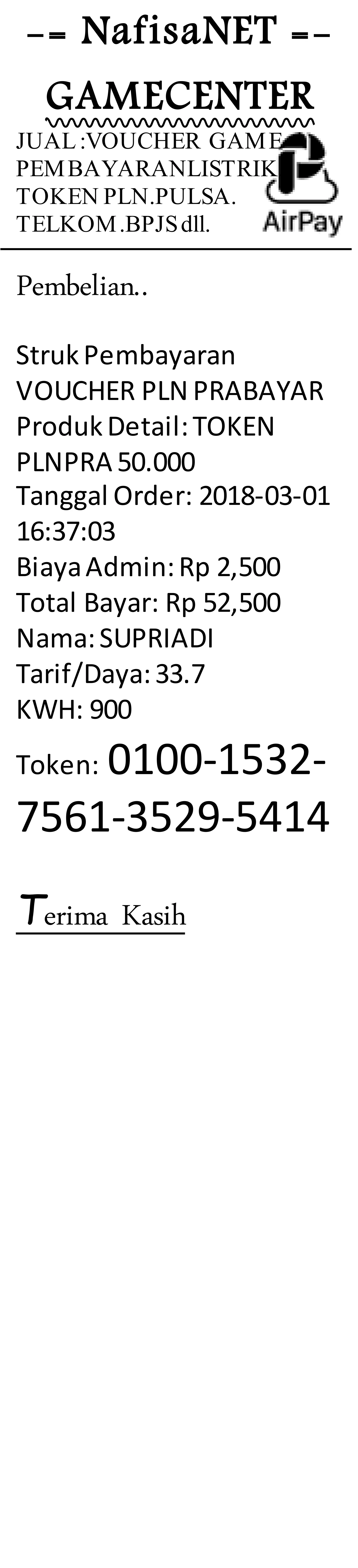 VOUCHER PLN PRABAYAR TOKEN PEMBELIAN STRUK PEMBAYARAN | PDF