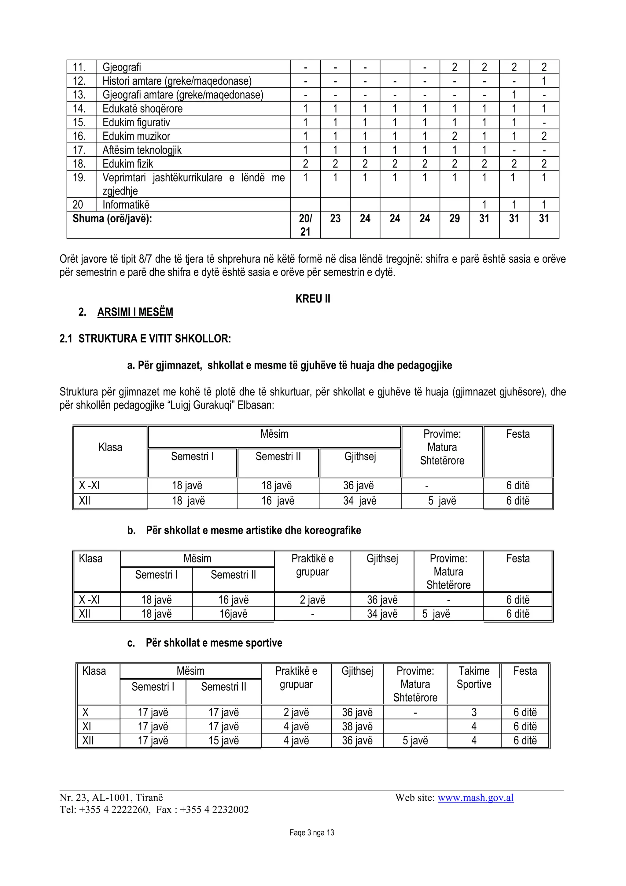 Struktura e vitit_shkollor_2010-2011 | PDF
