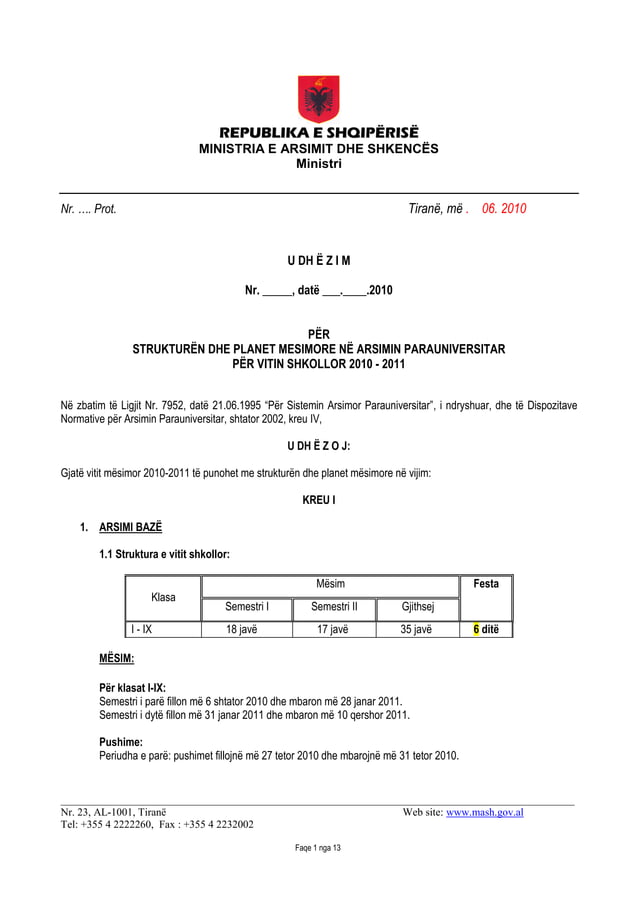Struktura e vitit_shkollor_2010-2011 | PDF