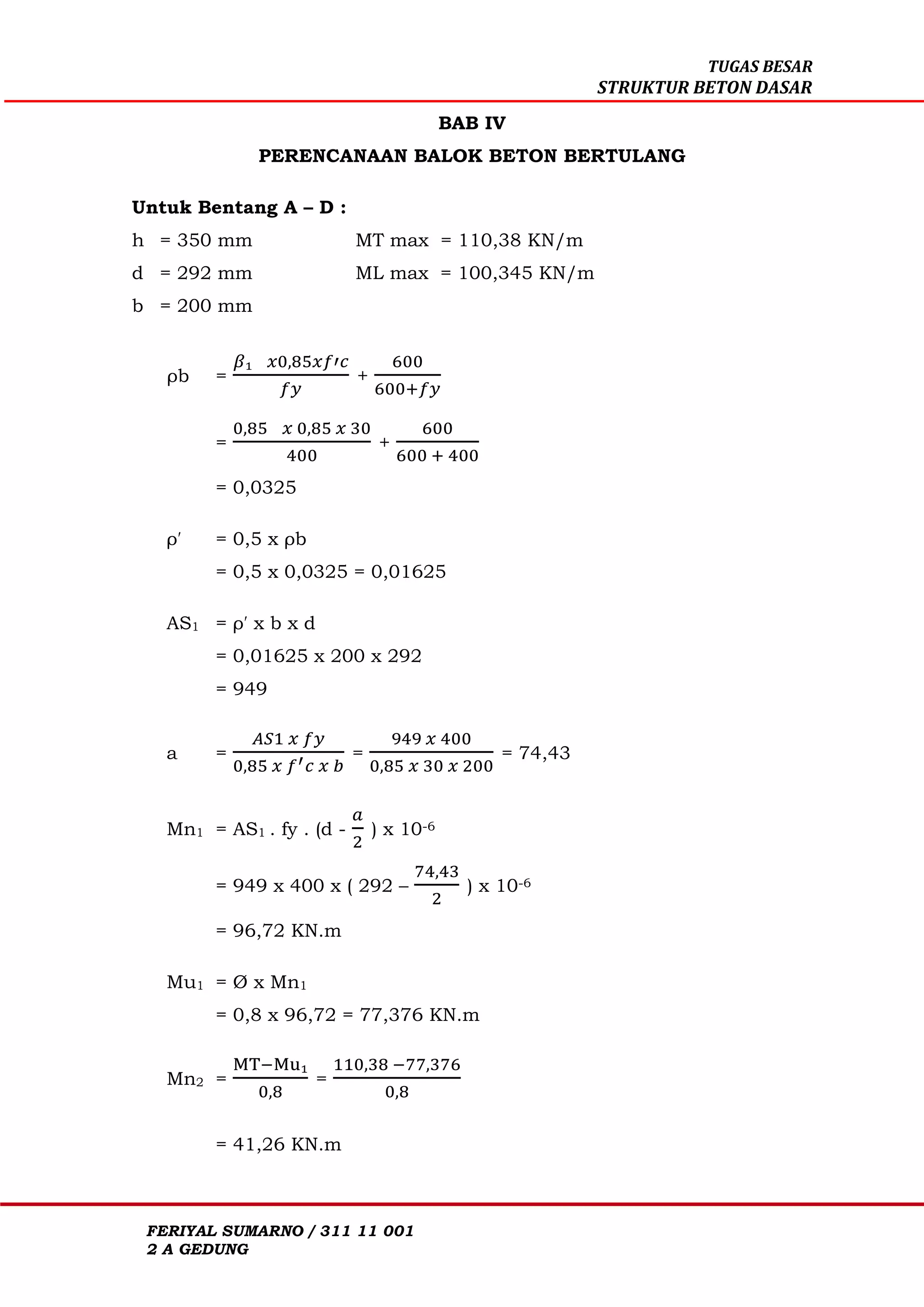 PERHITUNGAN TULANGAN LONGITUDINAL BALOK BETON BERTULANG RANGKAP | PDF