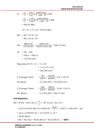 PERHITUNGAN TULANGAN LONGITUDINAL BALOK BETON BERTULANG RANGKAP | PDF ...