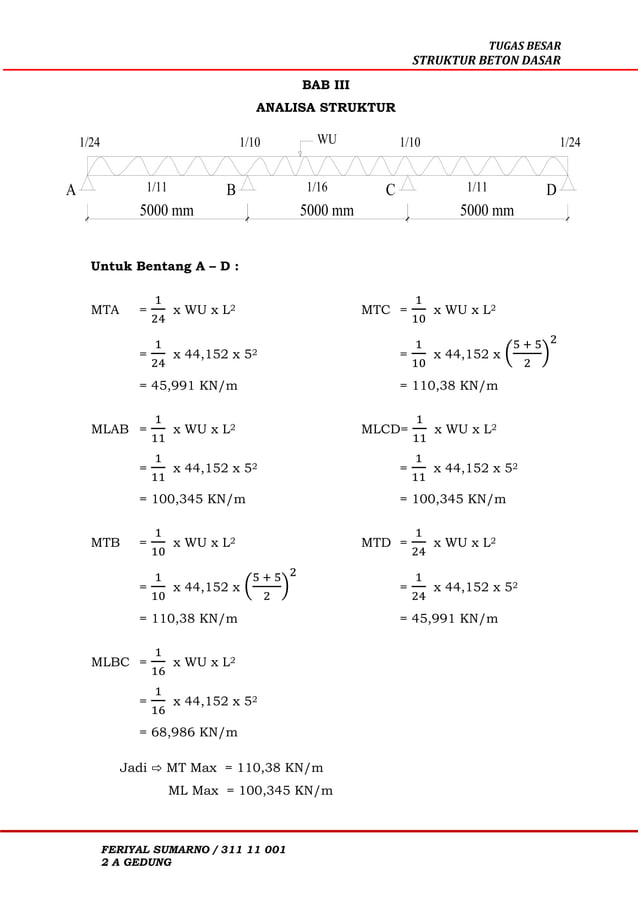 PERHITUNGAN TULANGAN LONGITUDINAL BALOK BETON BERTULANG RANGKAP | PDF ...