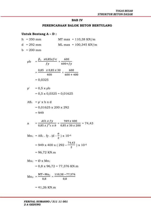 PERHITUNGAN TULANGAN LONGITUDINAL BALOK BETON BERTULANG RANGKAP | PDF ...