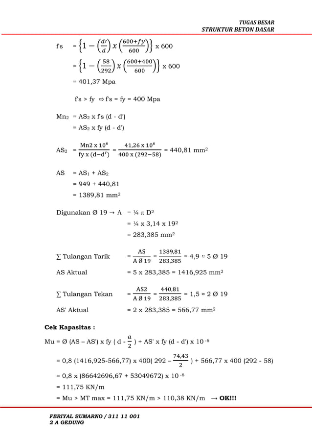 PERHITUNGAN TULANGAN LONGITUDINAL BALOK BETON BERTULANG RANGKAP | PDF | Civil Engineering ...