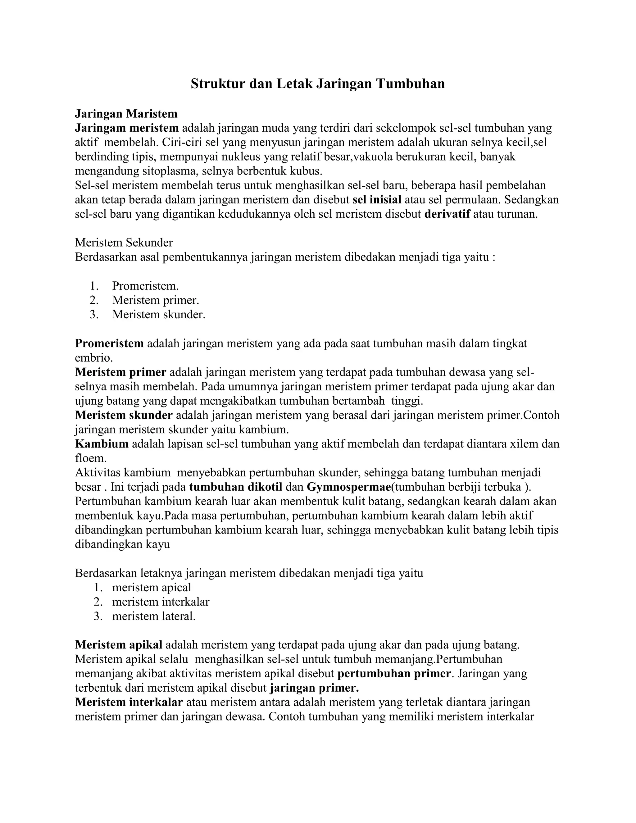 Struktur dan Letak Jaringan Tumbuhan | DOCX