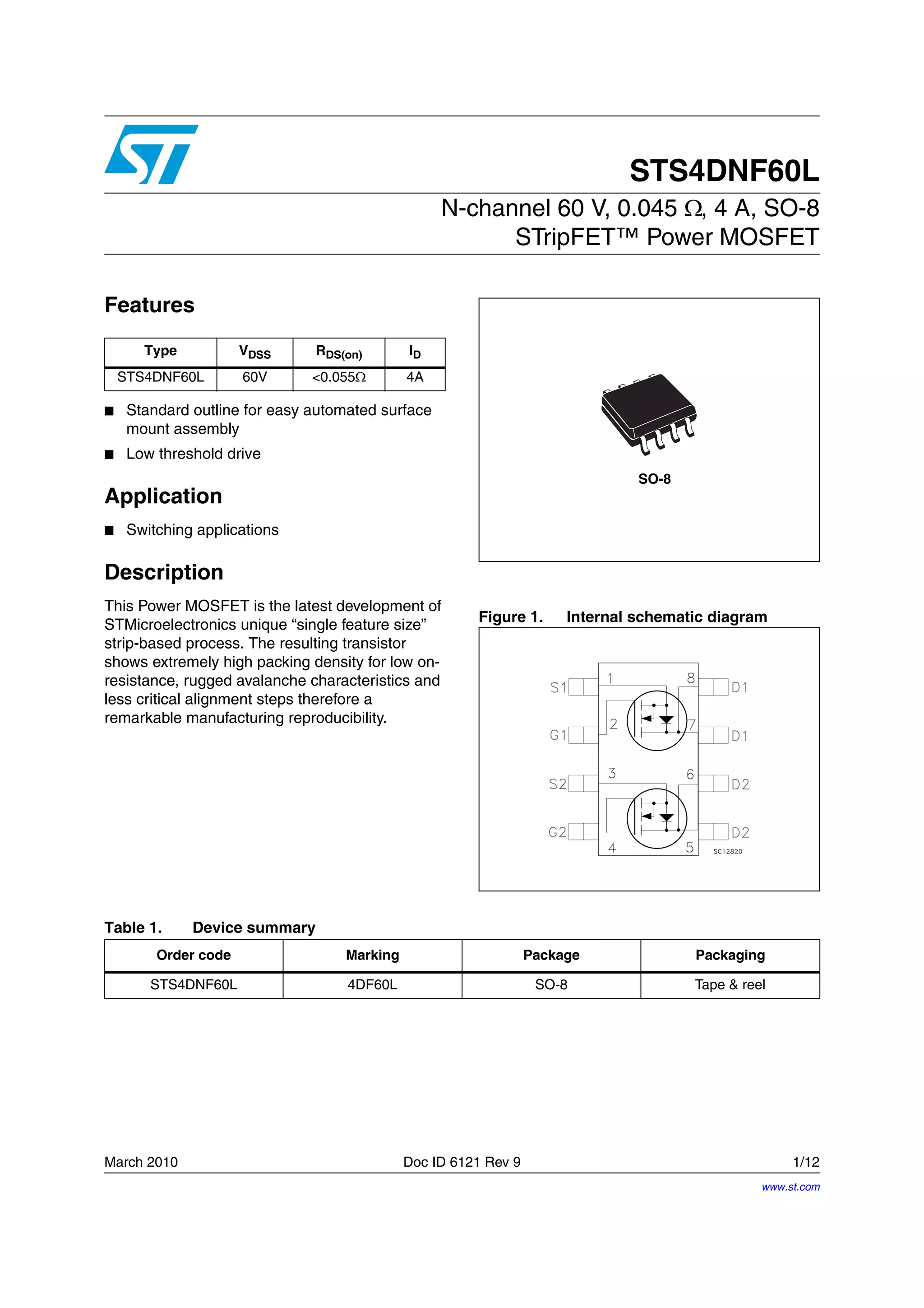 Original N-Channel Mosfet STS4DNF60L 4DF60L 60V 4A SOP-8 New STMicroelectronics | PDF