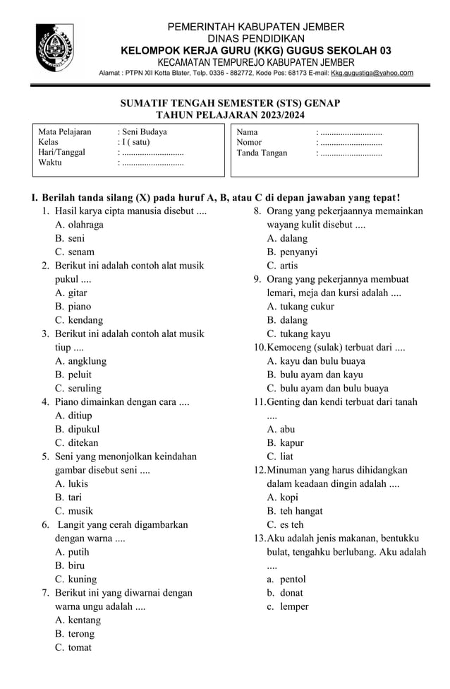 contoh soal seni budaya kelas 1 kurikulum merdeka | PDF
