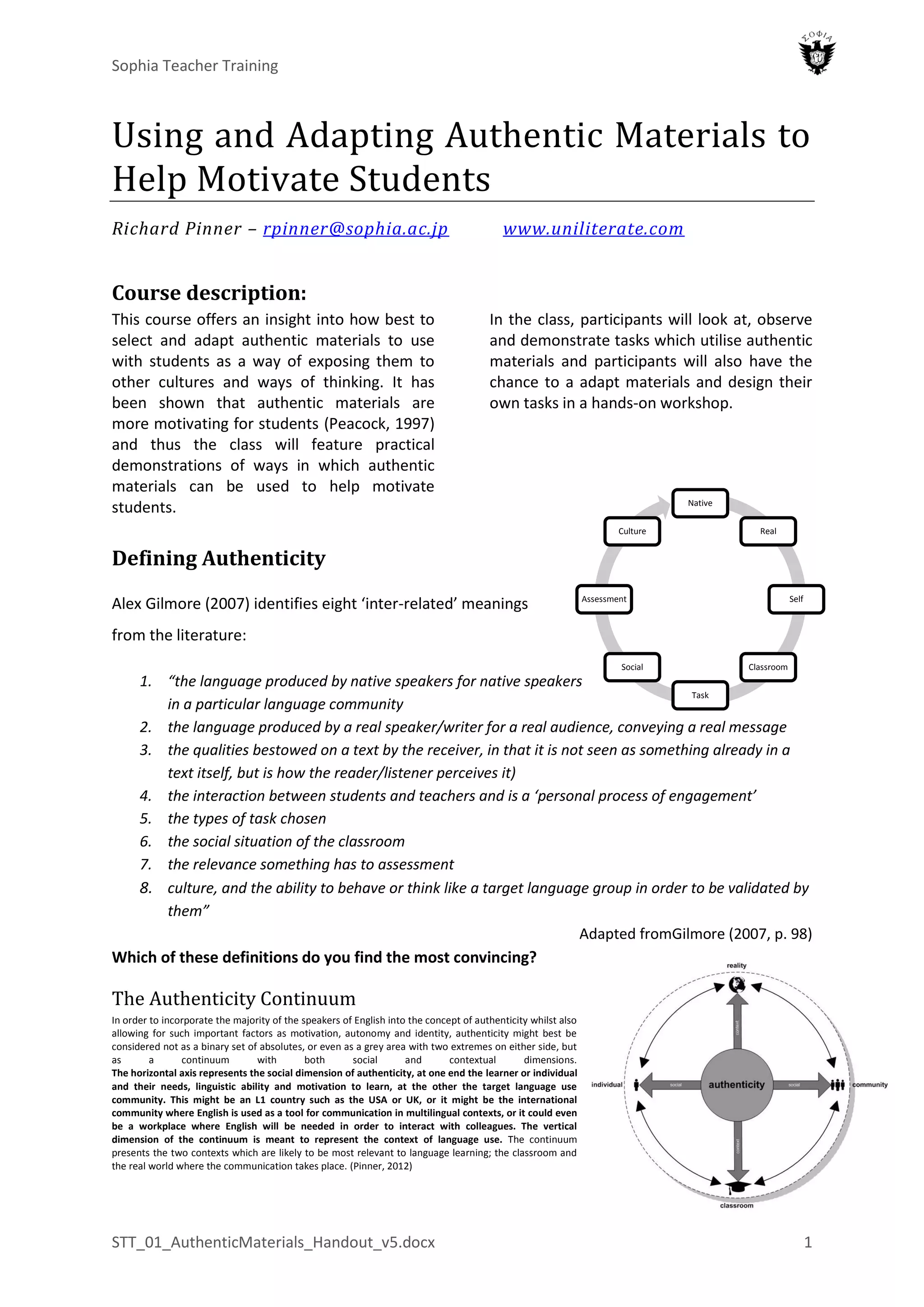 Using and Adapting Authentic Materials to Motivate Students - Handout | PDF