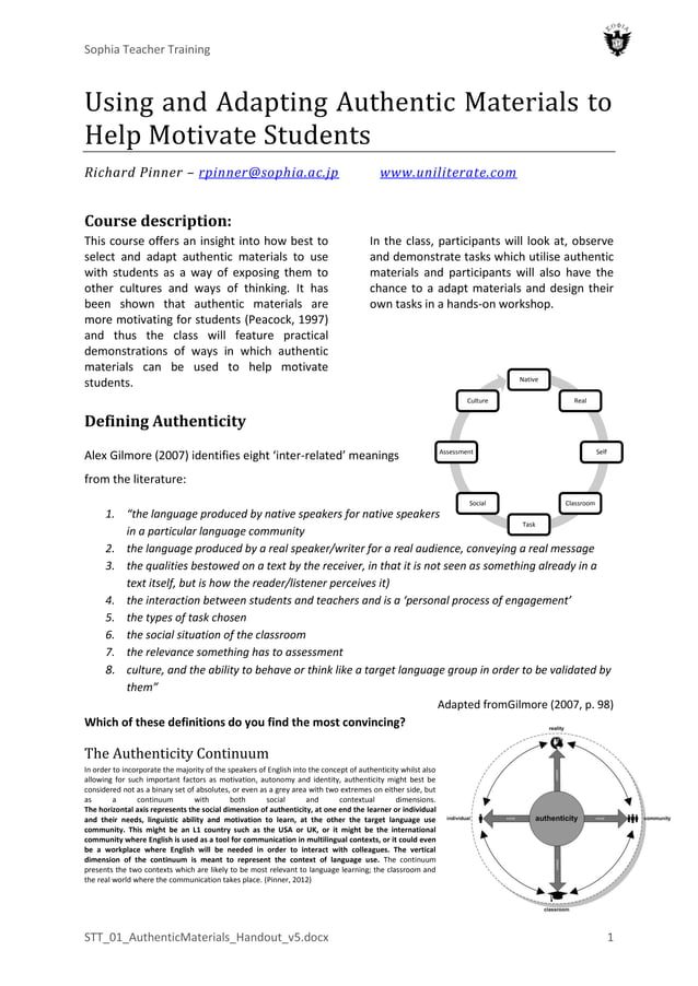 Using and Adapting Authentic Materials to Motivate Students - Handout | PDF | Homework and Study ...