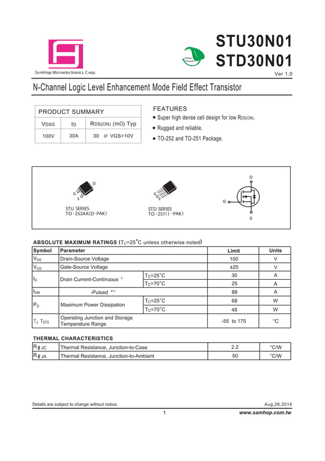Original N-Channel Logic Level Enhancement Mode Field Effect Transistor Mosfet STU30N01 30N01 ...