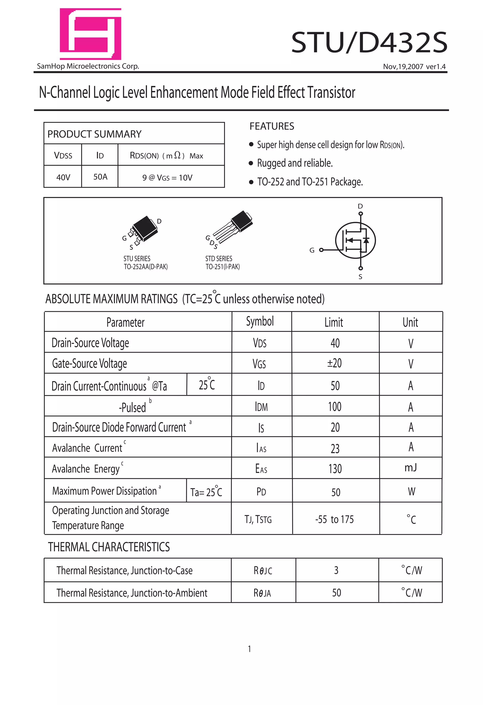 Original N-Channel Mosfet STU432S STU432 432 TO-252 New SamHop Microelectronics | PDF