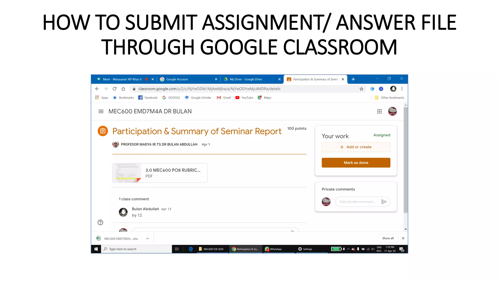 Student how to submit assignment or answer file in google classroom ba ...