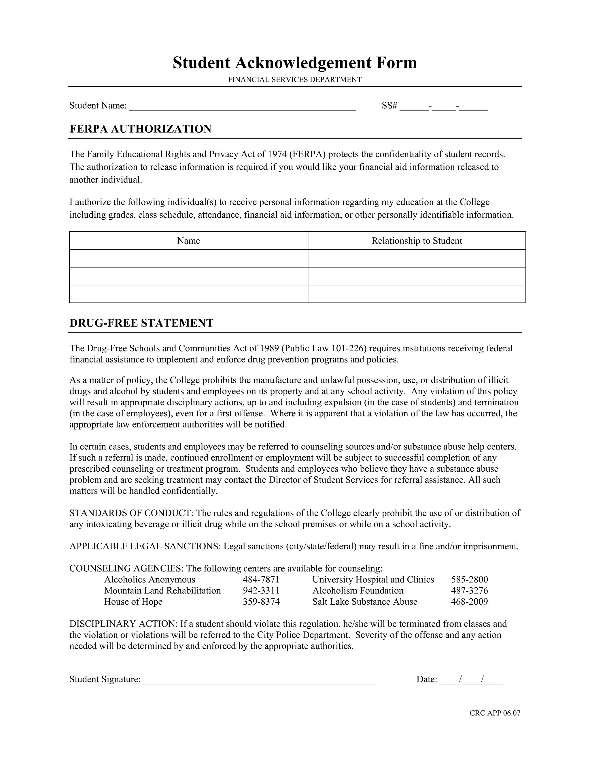 Student acknowledgement form | PDF