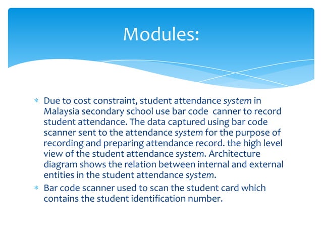 Student attendance system using barcode | PPTX | Databases | Computer ...