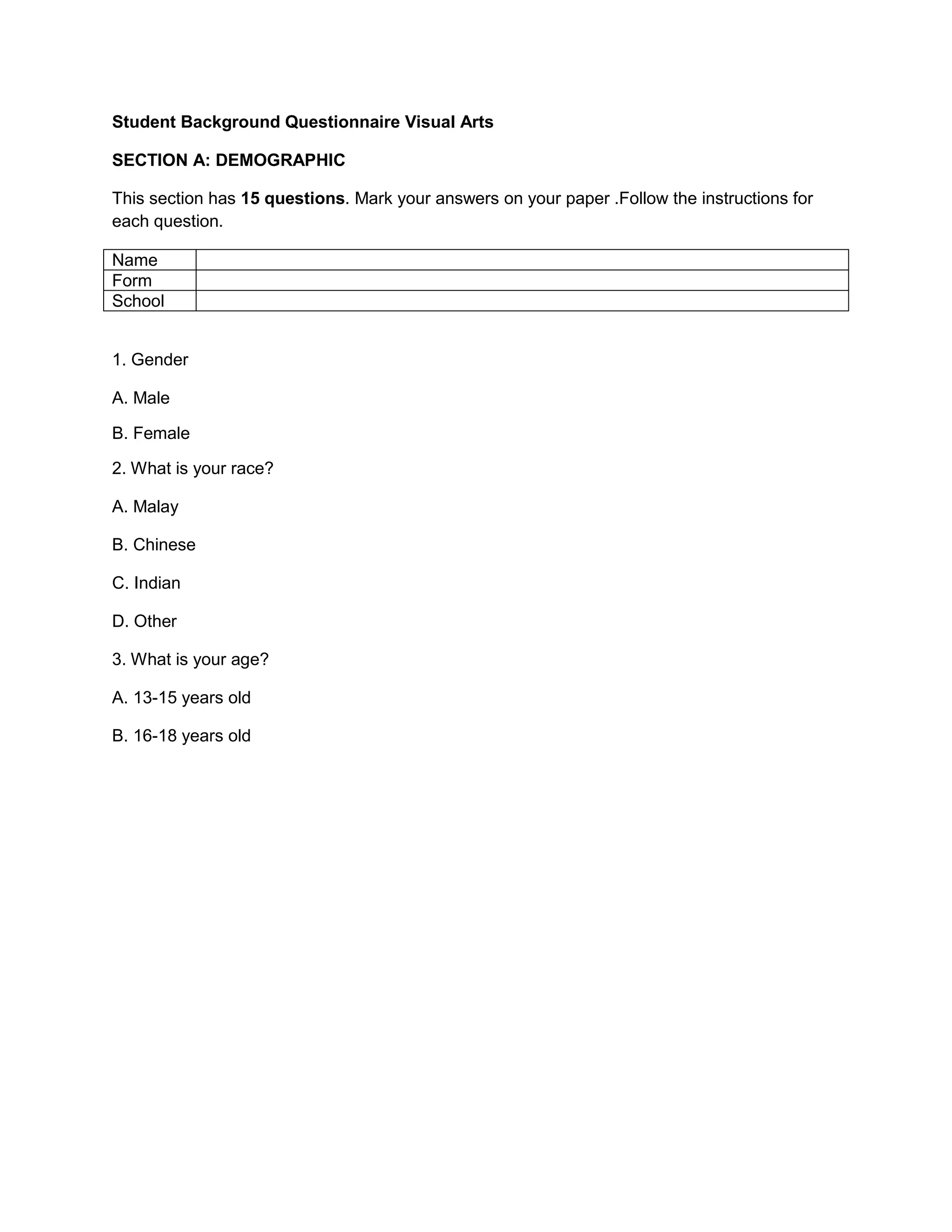 Student background questionnaire visual arts | DOCX
