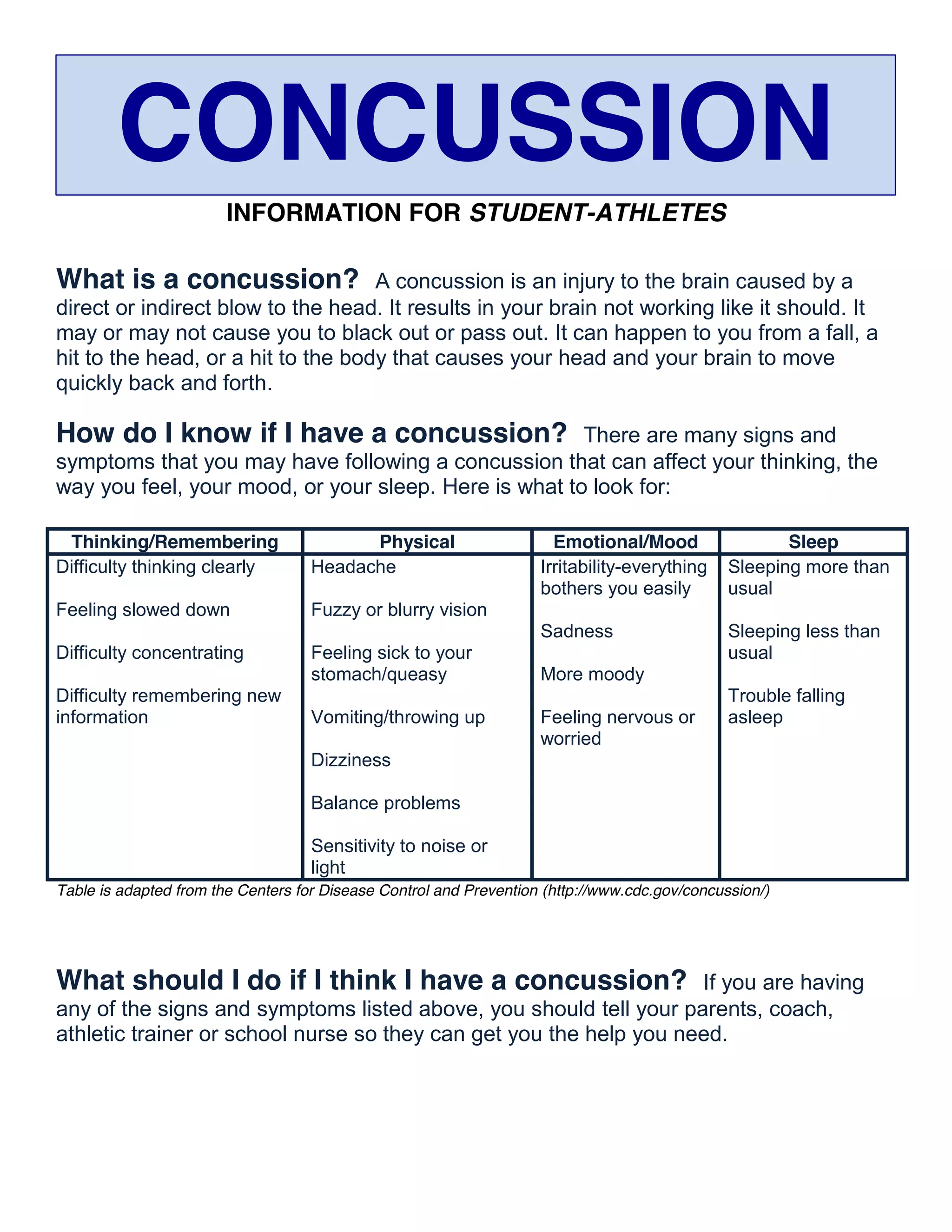 Student Concussion Form | PDF