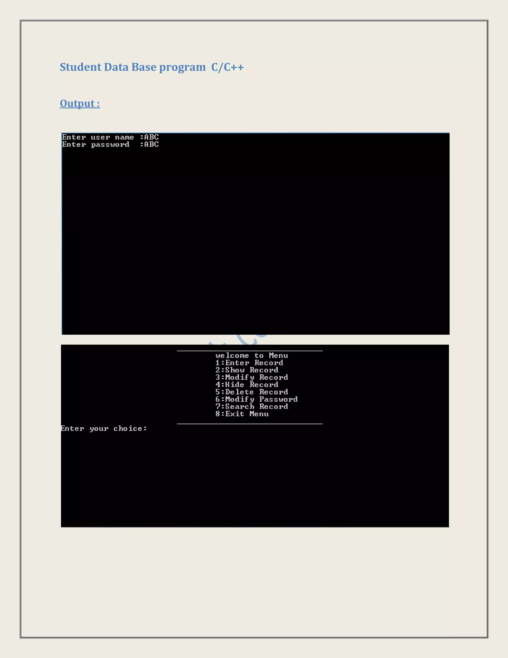 Student Data Base Using C/C++ Final Project | DOCX
