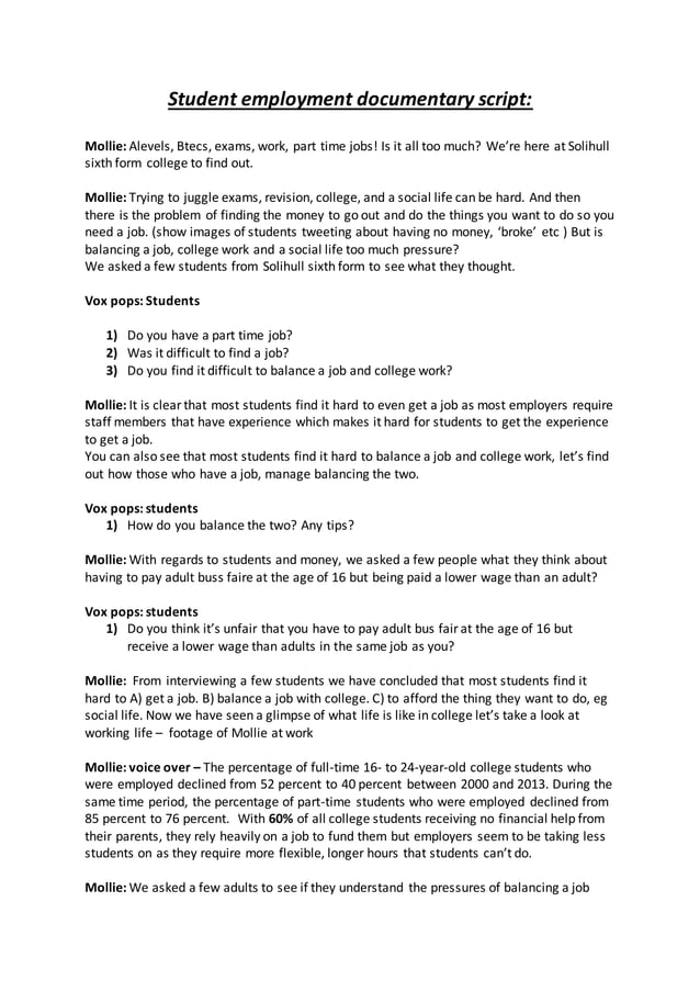Student employment documentary script | DOCX | College Planning ...