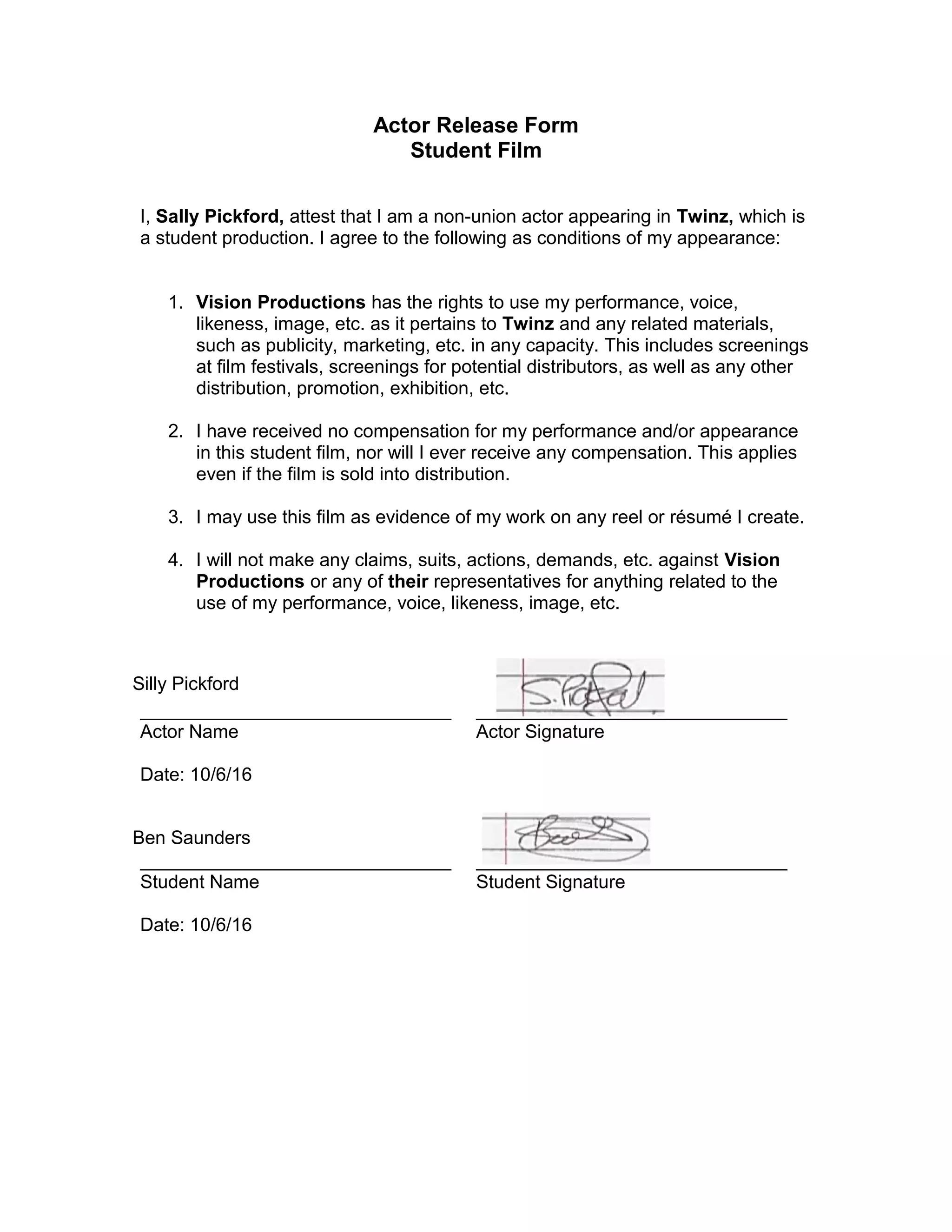 Actor Release Form | DOC