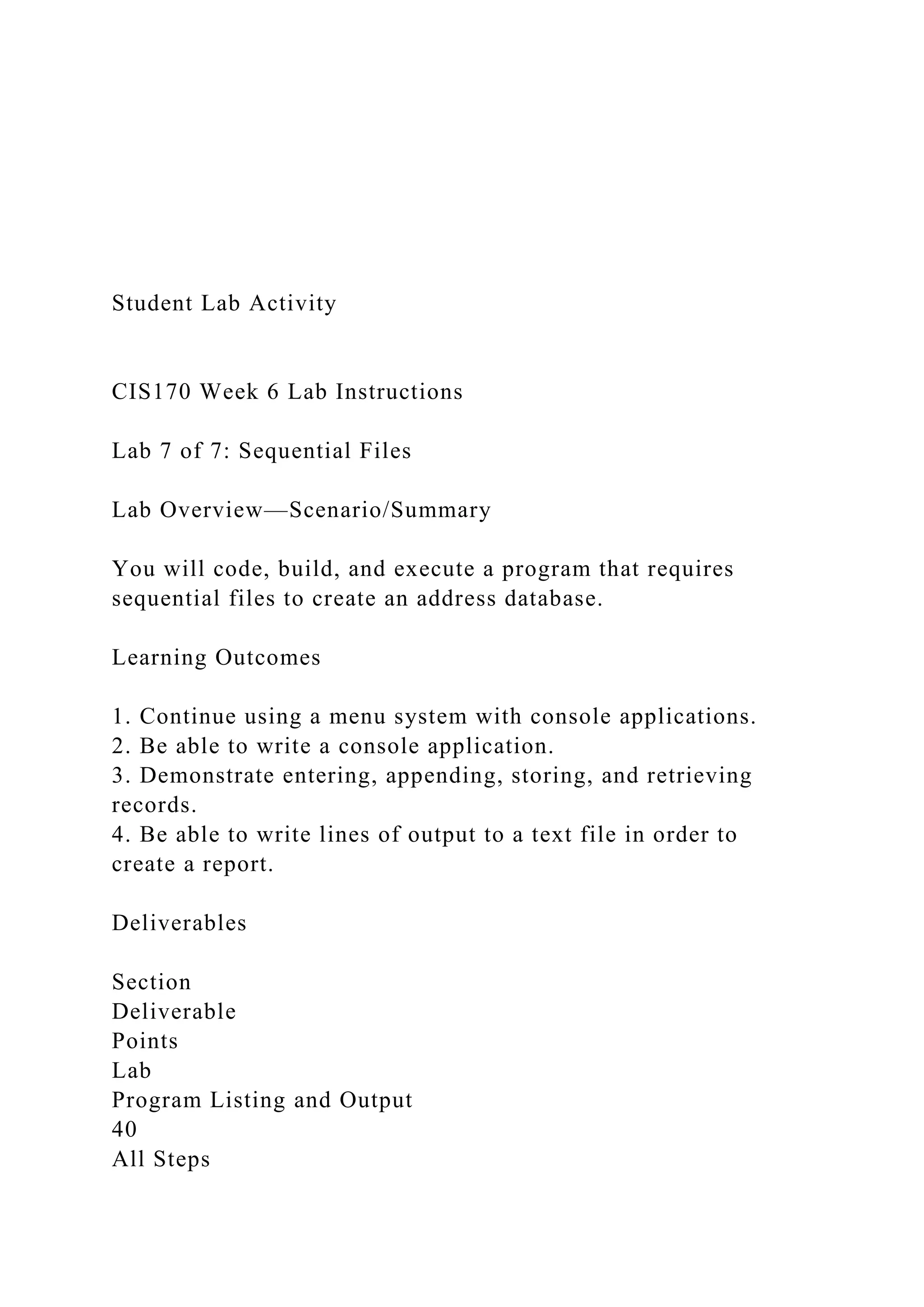 Student Lab Activity CIS170 Week 6 Lab Instructions.docx