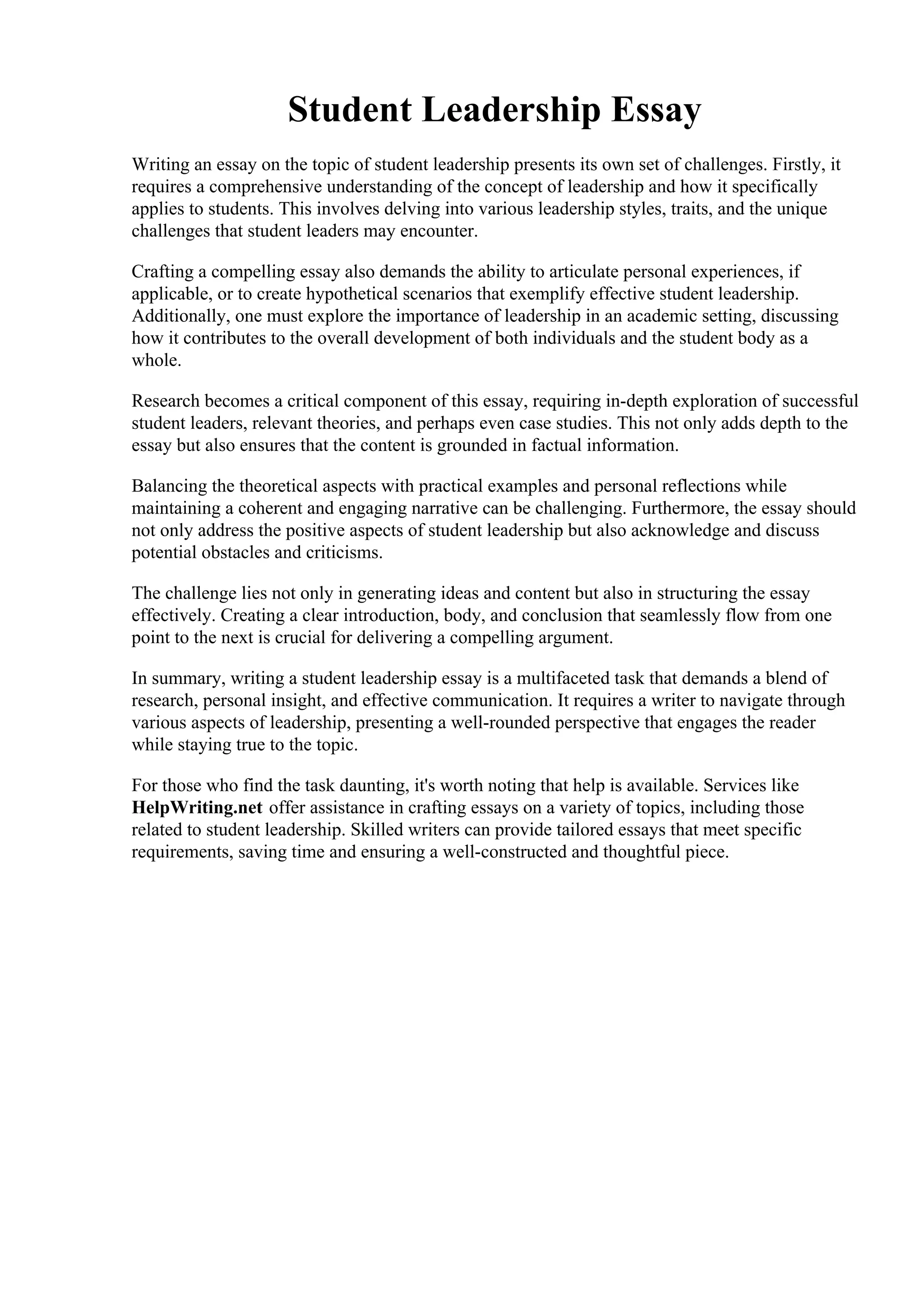 Student Leadership Essay. Effective School Leadership Analysis ...