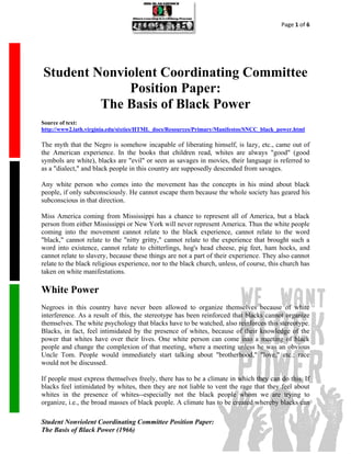 Student Nonviolent Coordinating Committee Position Paper the Basis of ...