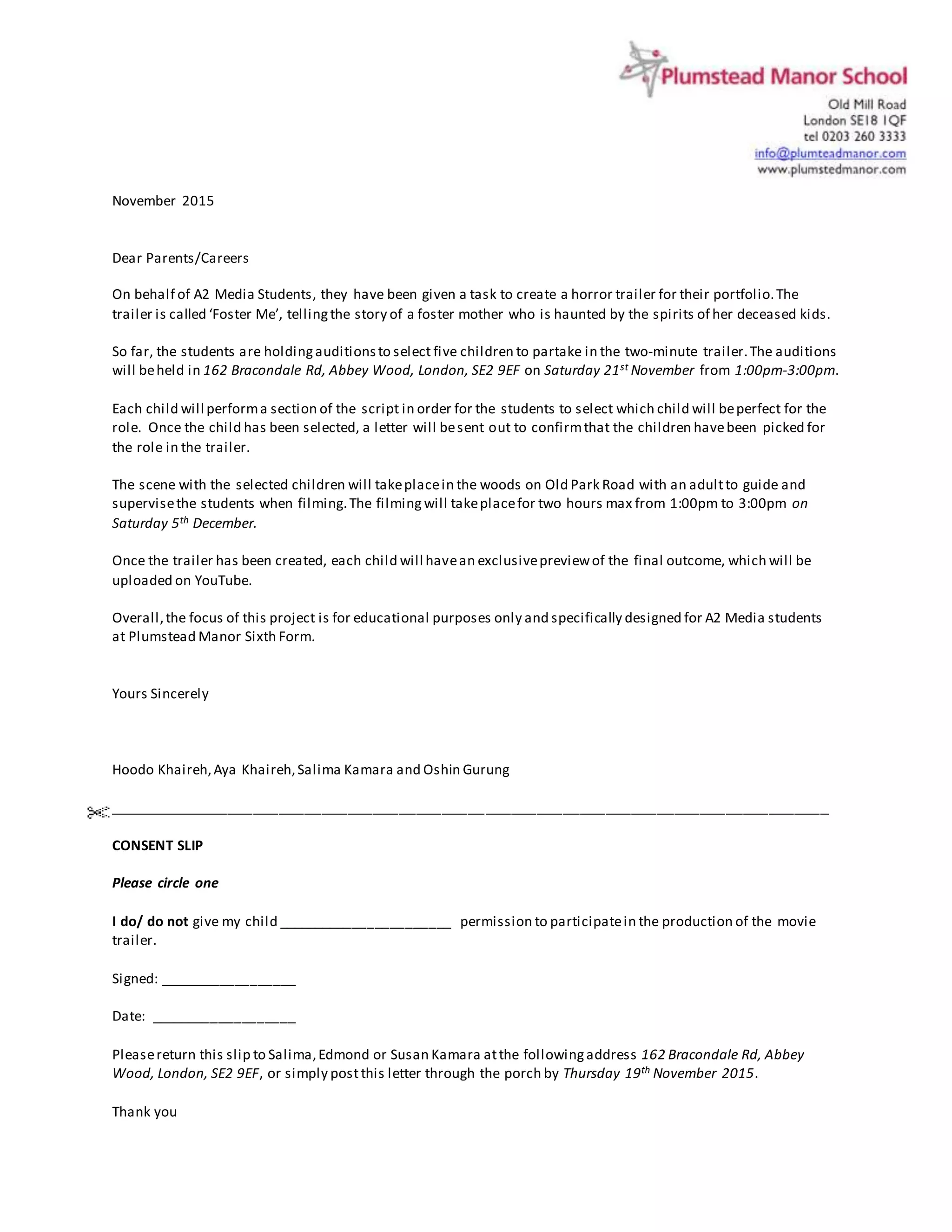Student permision letter | DOCX