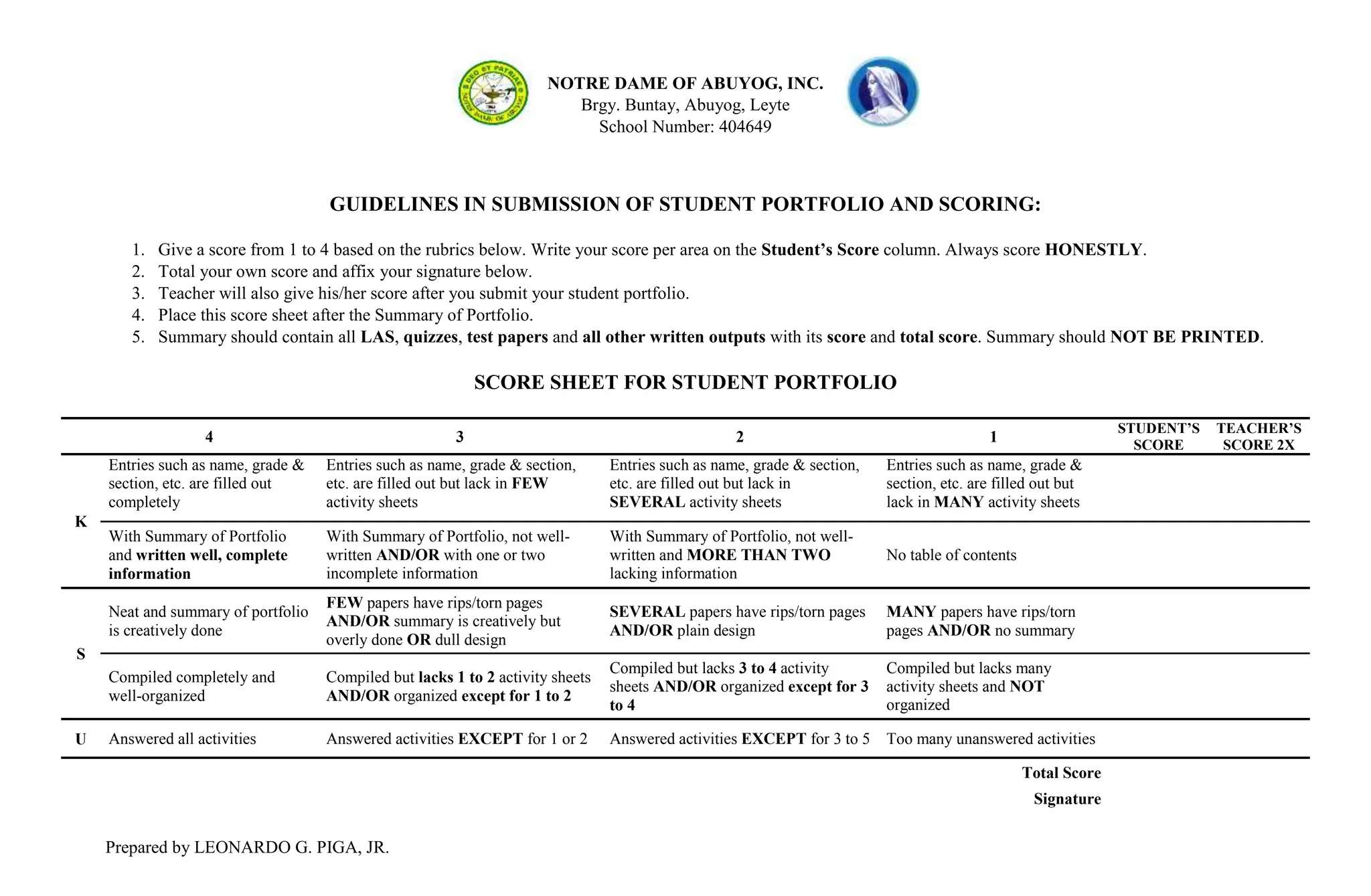 Student Portfolio Score Sheet.docx