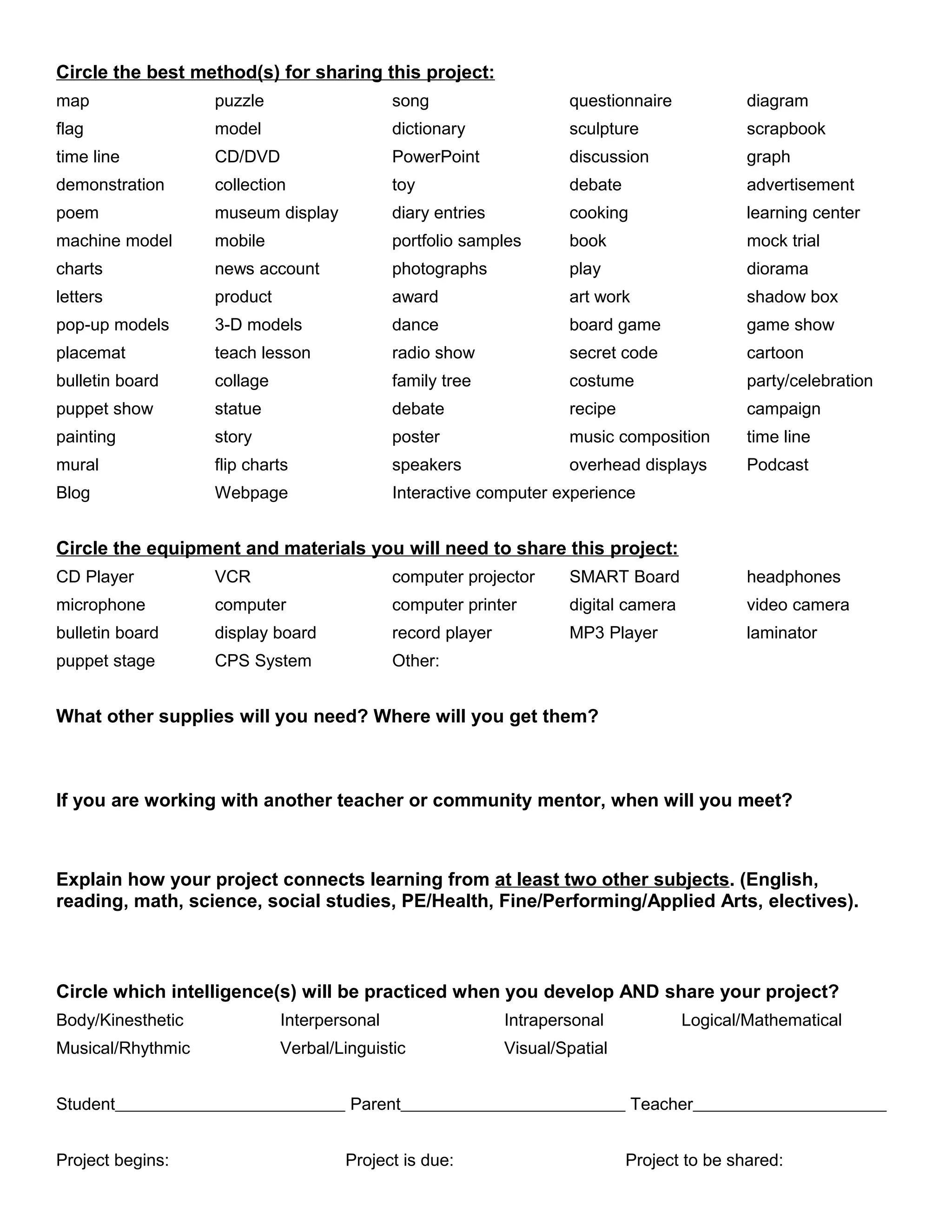 Student project contract | DOC | Arts and Crafts | Hobbies & Interests